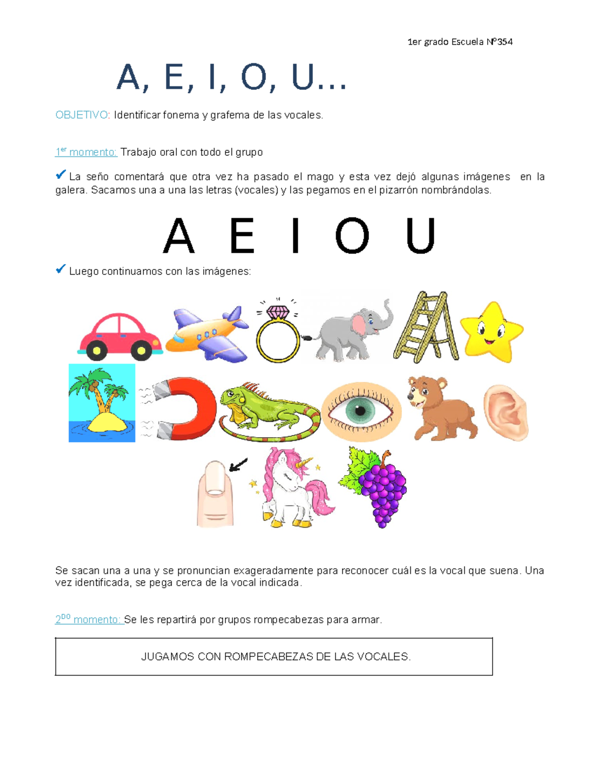 Clase de Vocales: Actividades para A, E, I, O, U - Ed. Inicial - Studocu
