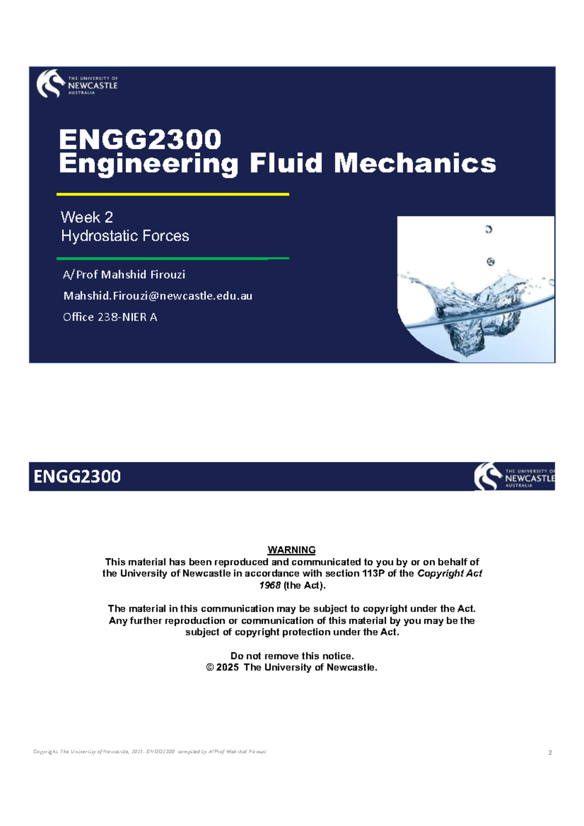 ENGG2300 Fluid Mechanics Week 2: Hydrostatic Forces Overview - Studocu
