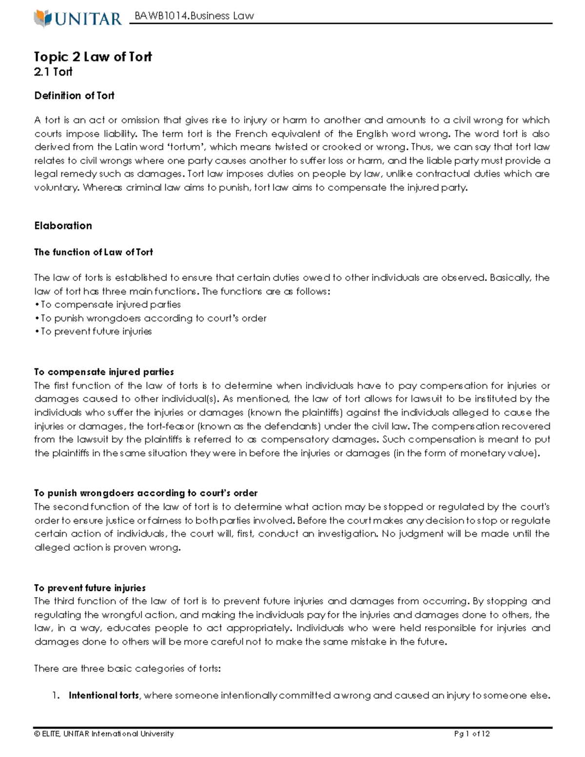 BAWB1014 - Business Law Notes: Understanding Tort Law and Negligence ...