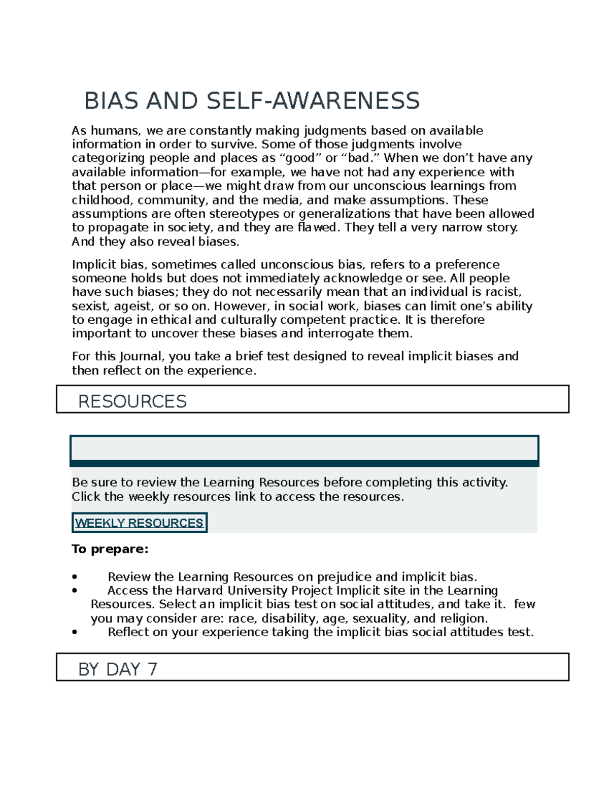 SOCW_6051_Week2_Journal_Bias_and_Self-Awareness - Studocu