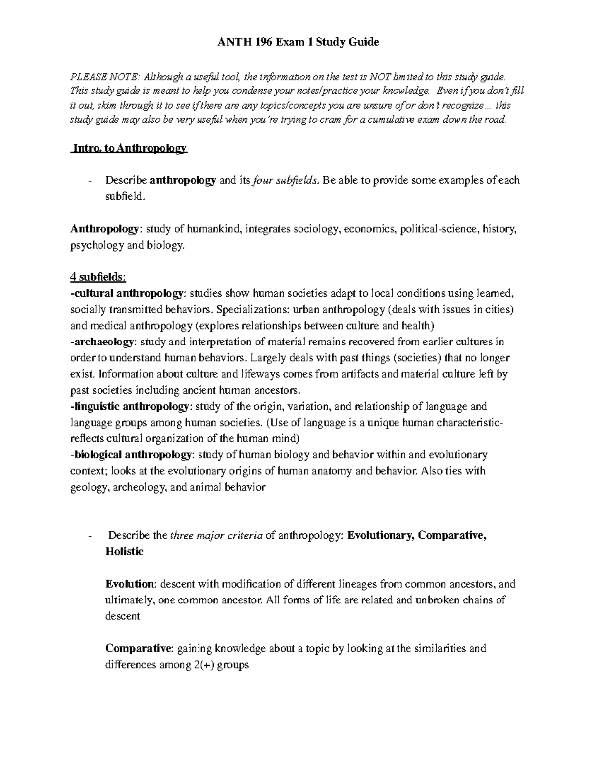 Anth 196 Final Exam Study Guide: Key Concepts in Anthropology - Studocu
