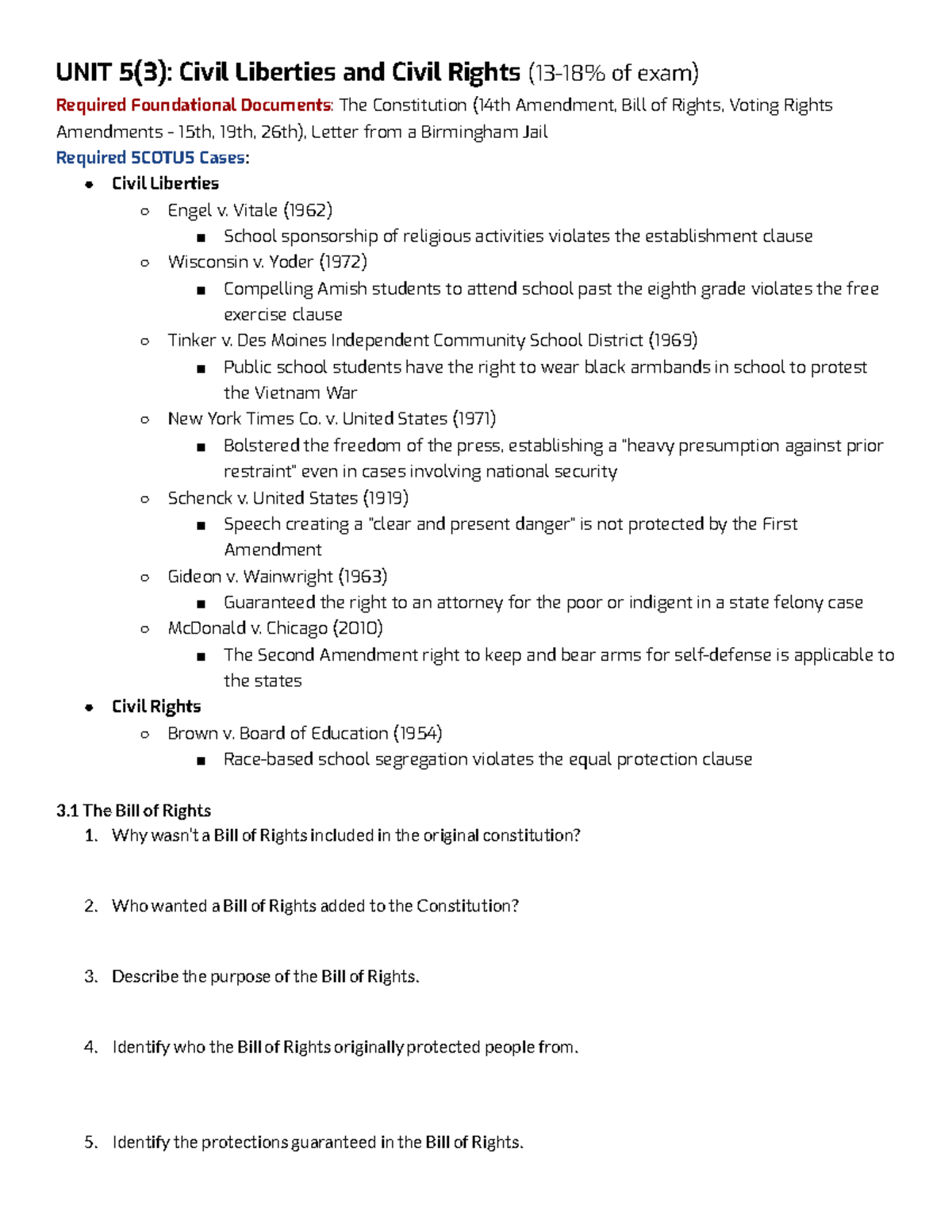 Unit 5(3) F24: Civil Liberties & Rights Review Handout - Studocu