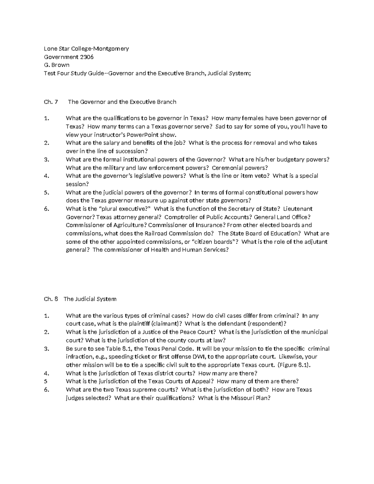 GOVT 2306 Test Four Study Guide: Executive & Judicial Branch Overview ...