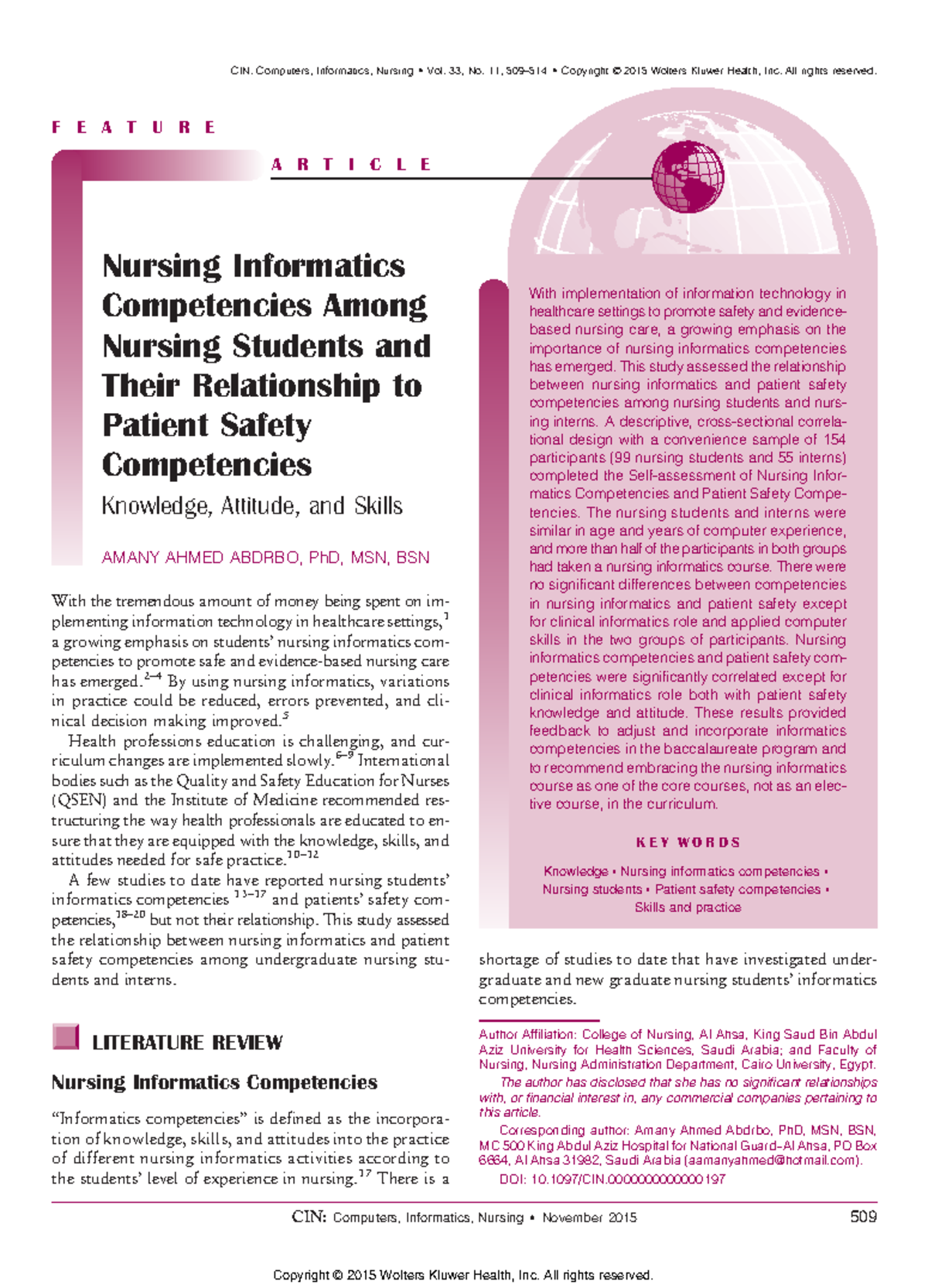 Nursing Informatics Competencies and Patient Safety Among Nursing ...