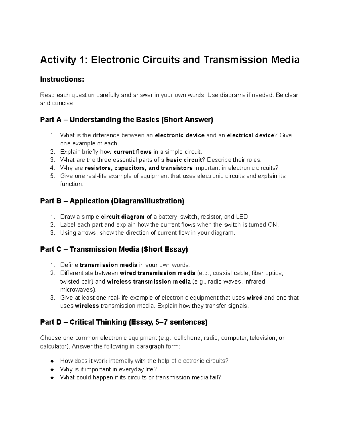 Activity 1: Electronic Circuits & Transmission Media Overview - Studocu