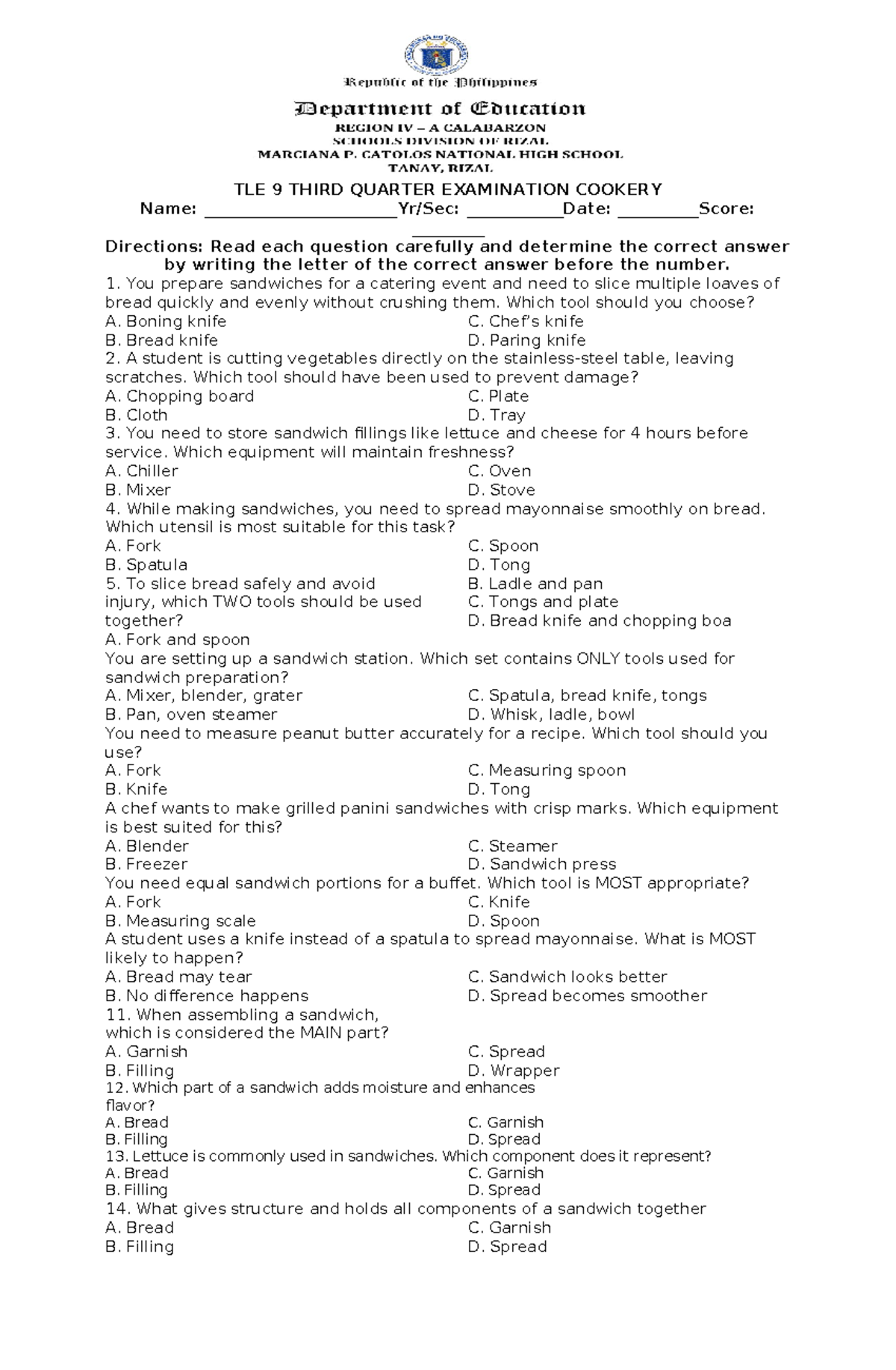 TLE 9 Third Quarter Exam: Cookery Study Guide and Answer Key - Studocu