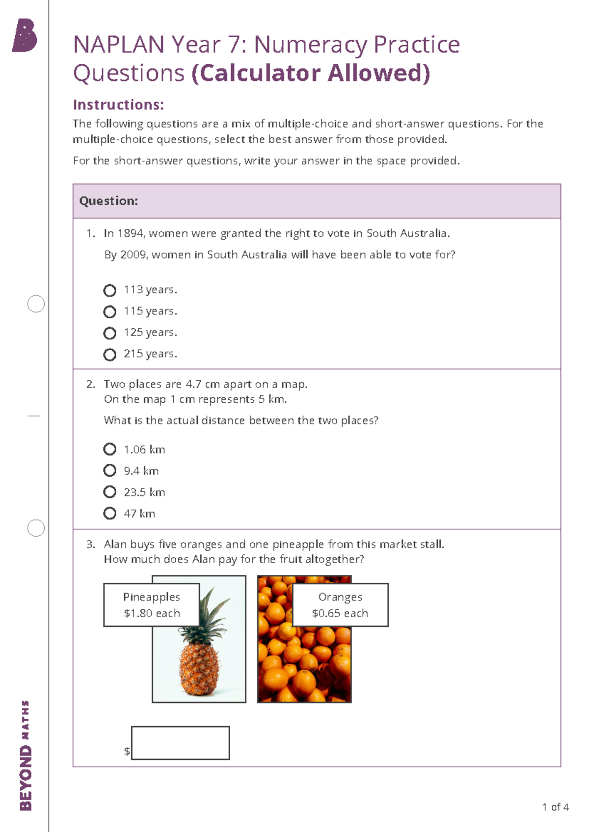 NAPLAN Year 7: Numeracy Practice Questions (Calculator Allowed) - Studocu