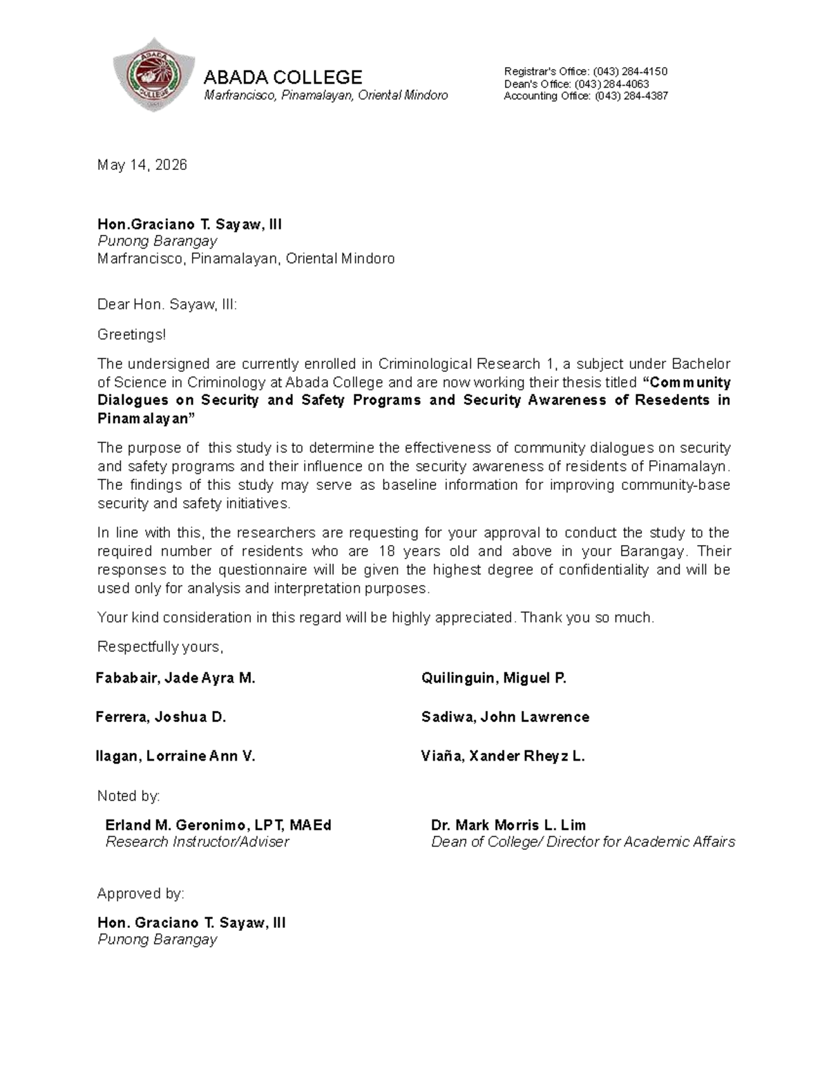 Letter of Approval for Criminological Research 1 Thesis - Studocu