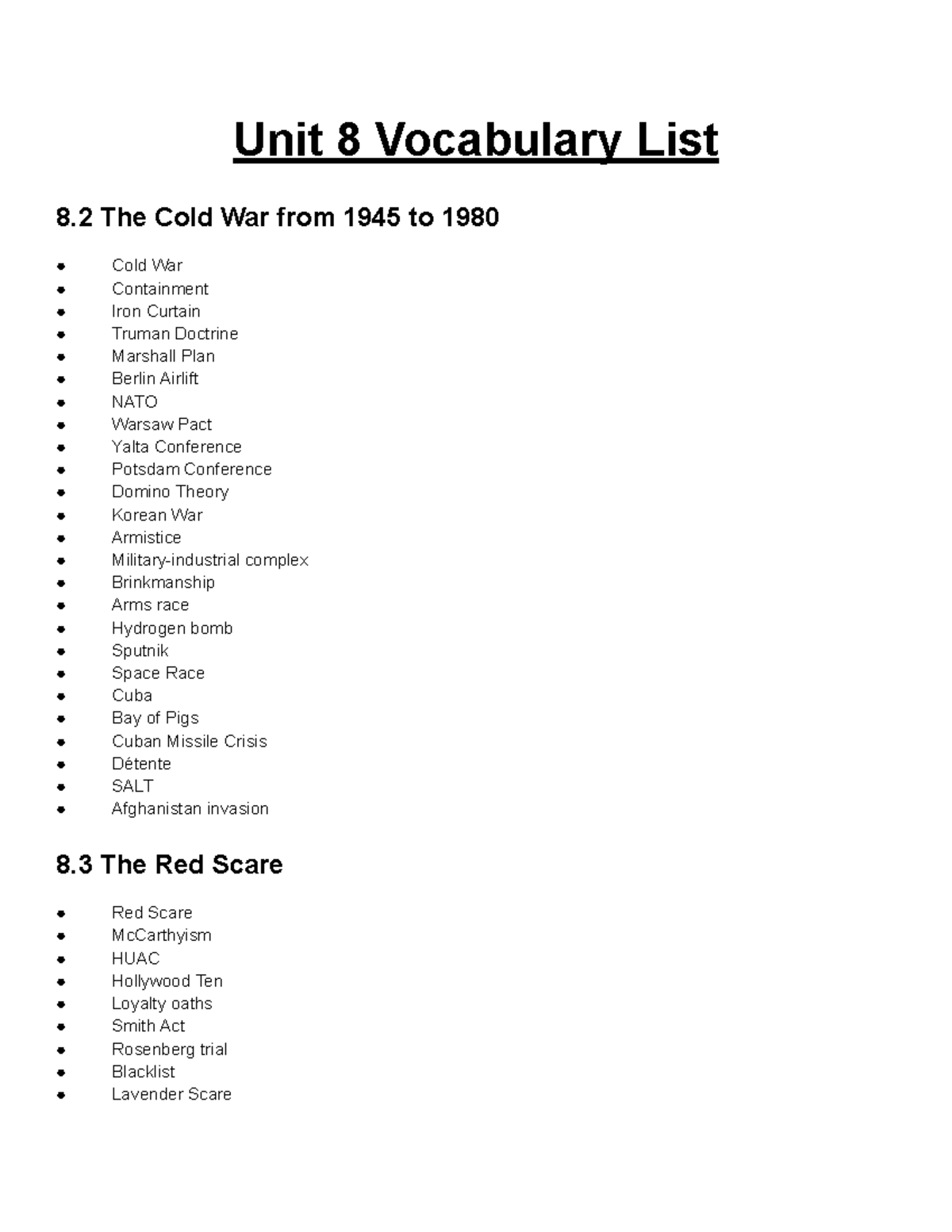 Unit 8 Vocabulary List: The Cold War & Civil Rights (1945-1980) - Studocu