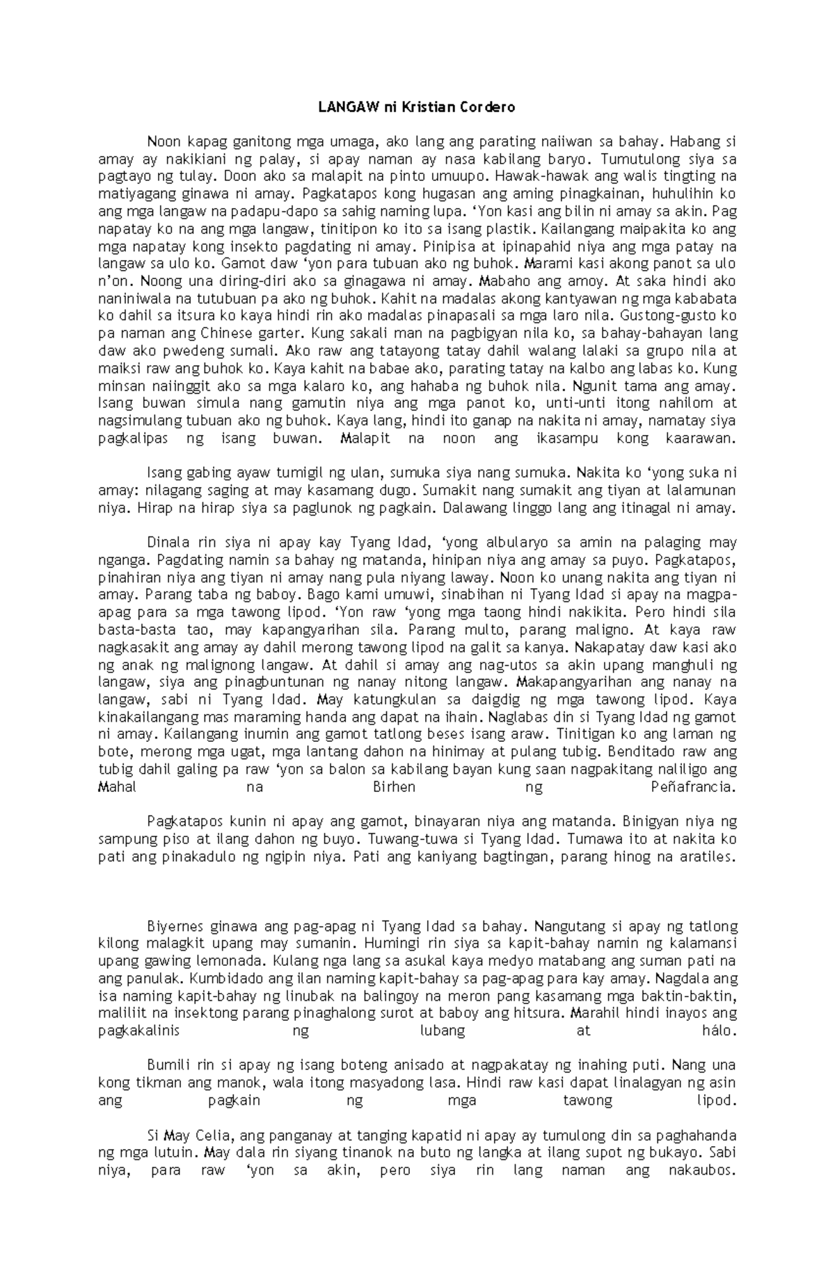Langaw ni Kristian Cordero: Isang Salamin sa Kultura at Pamilya - Studocu
