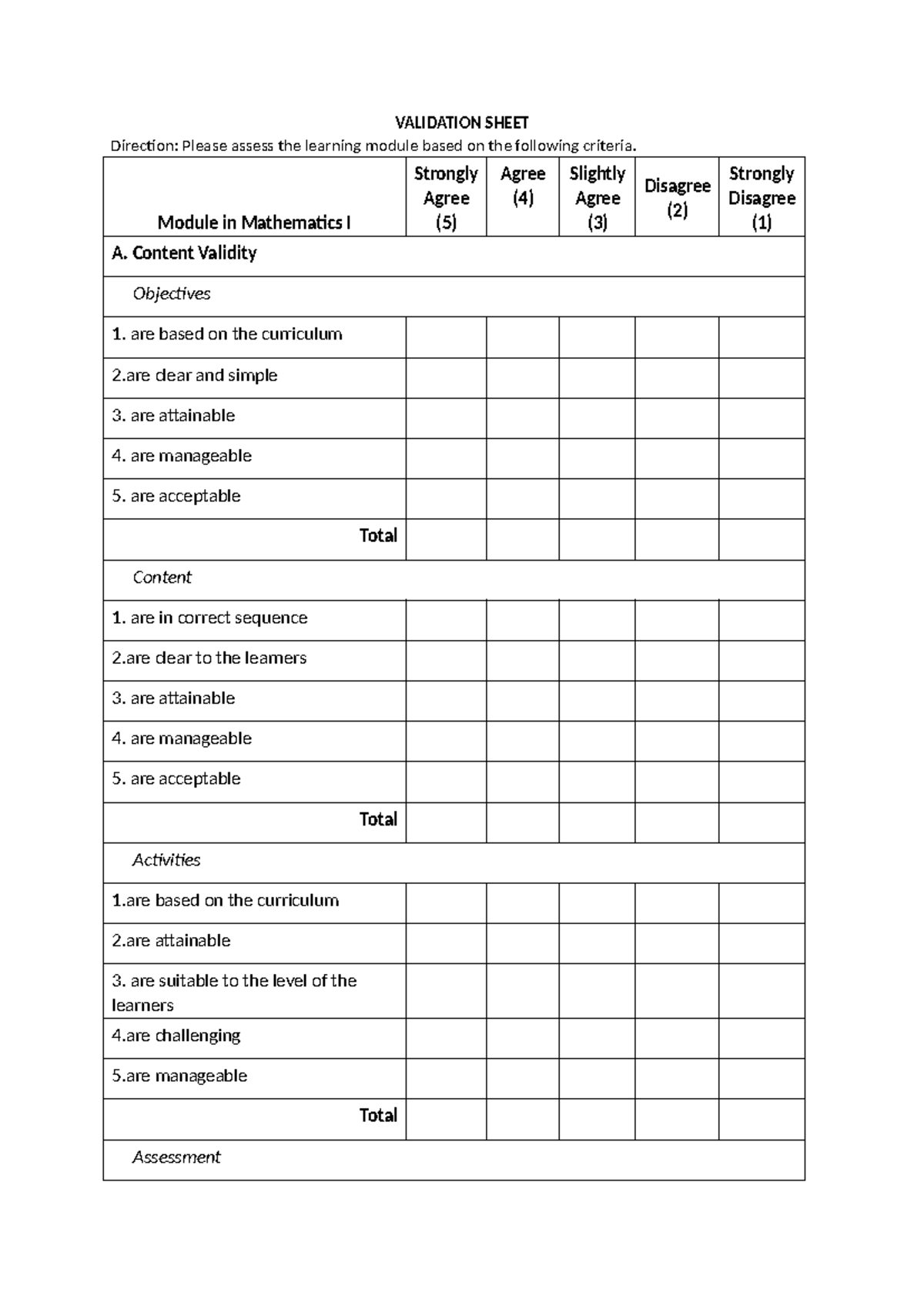 Validation Sheet for Mathematics I Module Assessment - Studocu