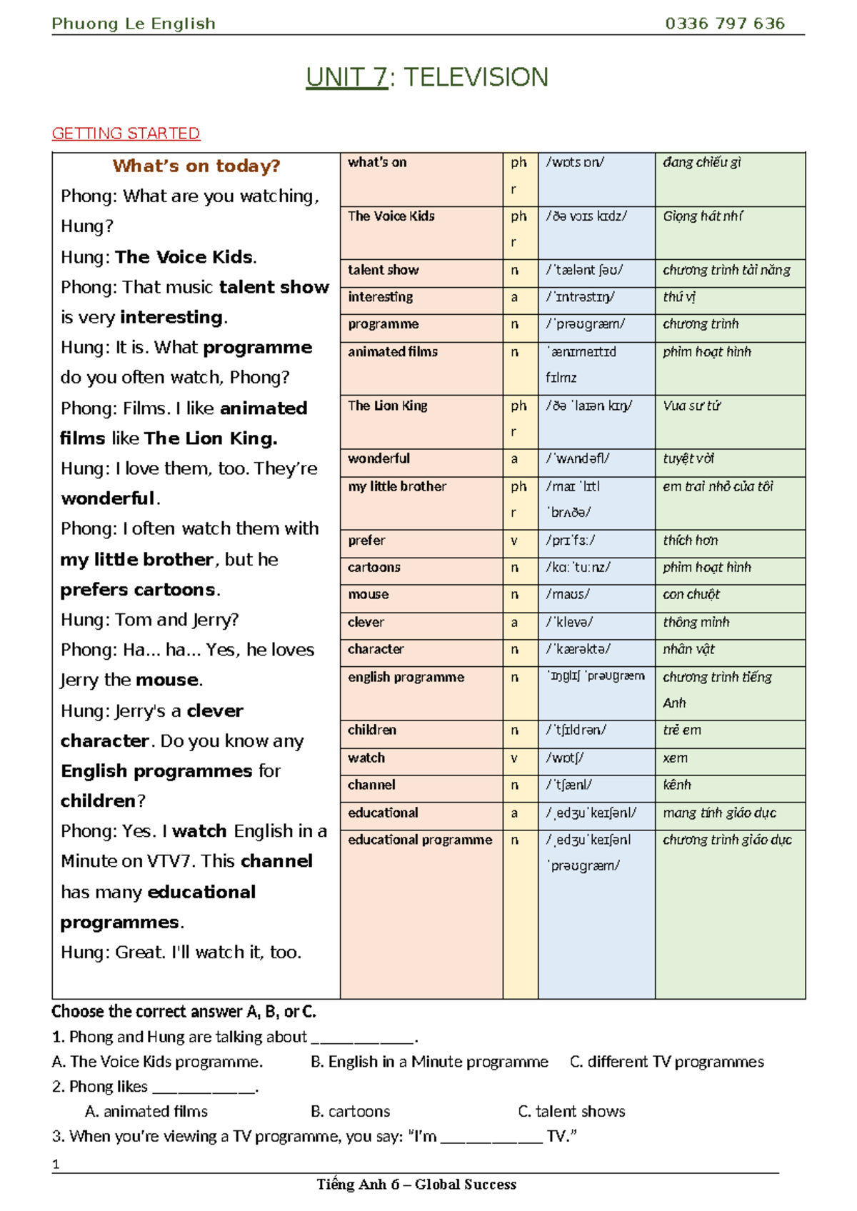 E6 - UNIT 7: TELEVISION - English 6 Study Notes - Studocu