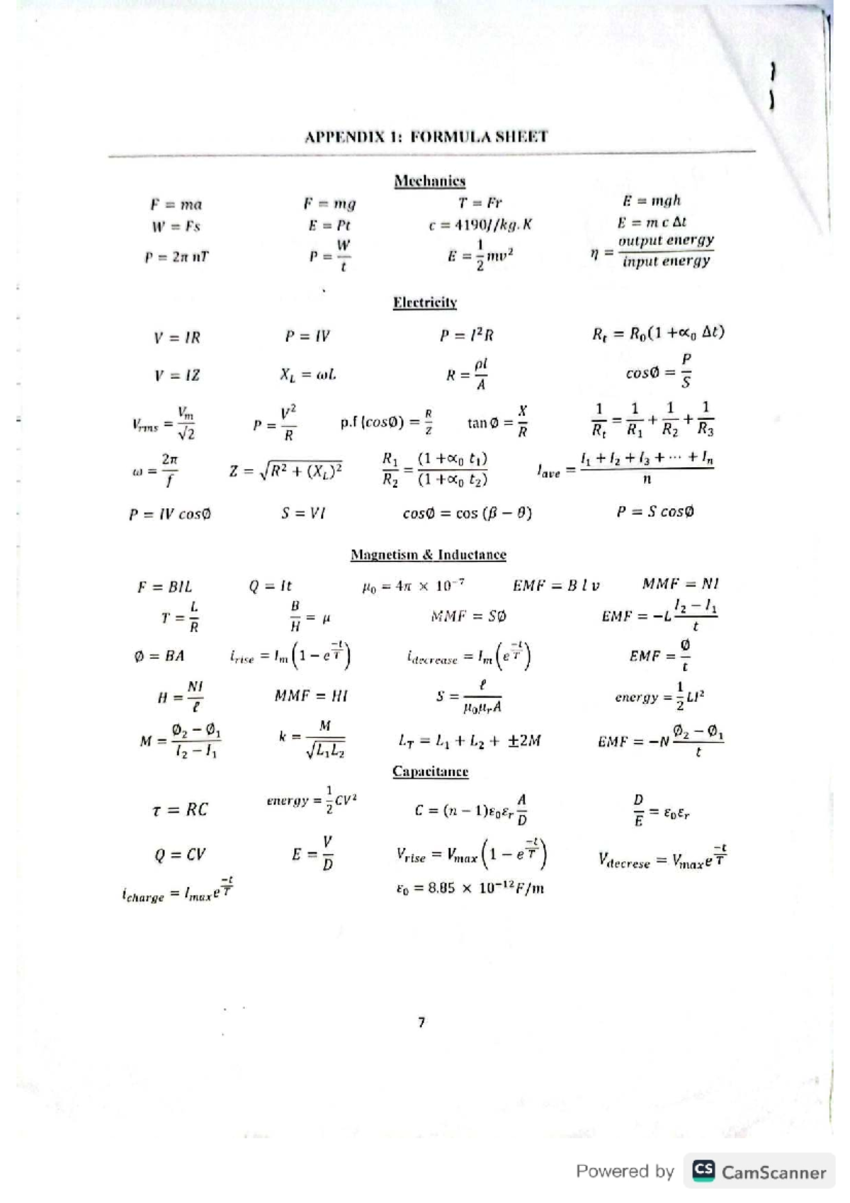 Formula Sheet - Mechanics & Electricity Concepts - Studocu