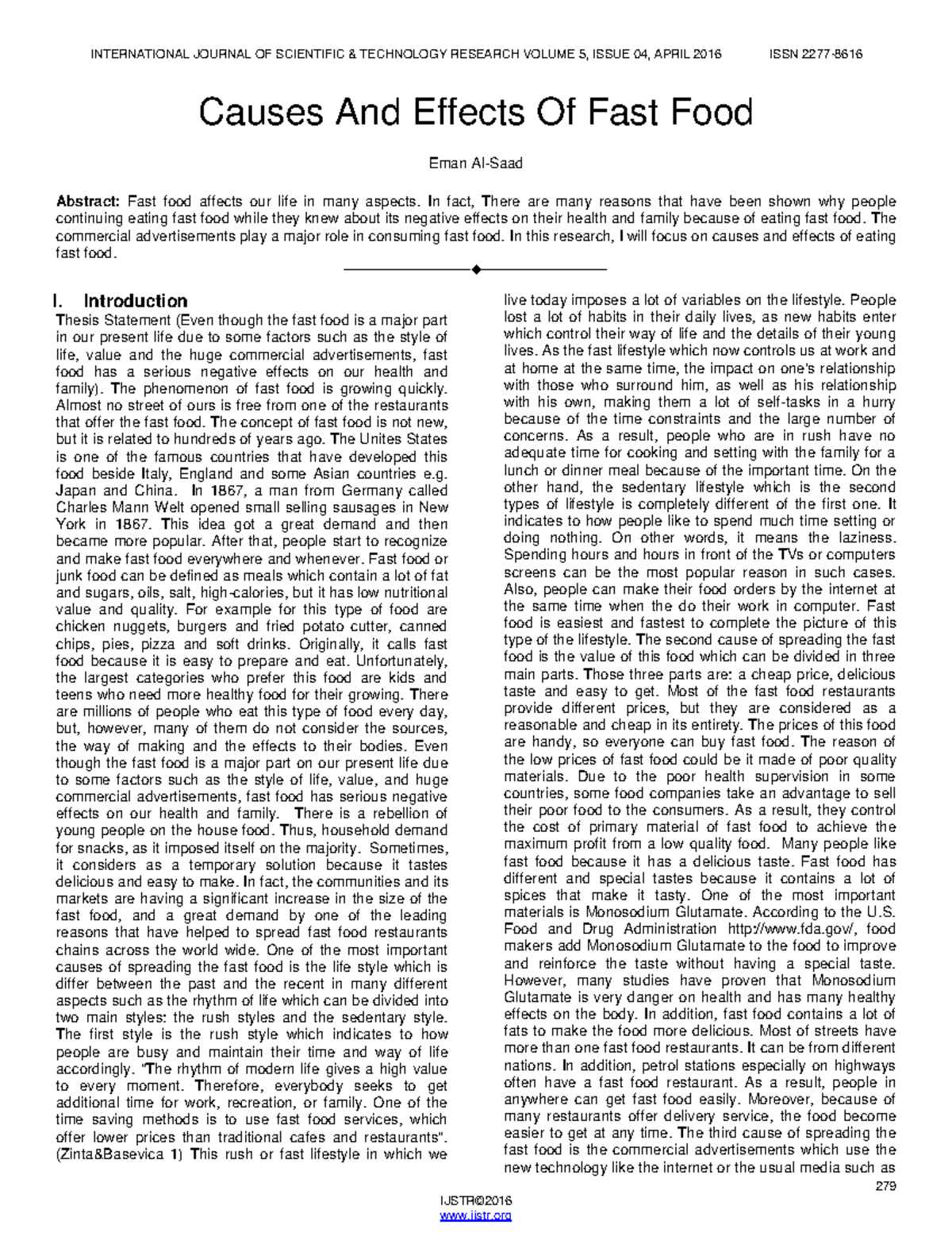 Causes And Effects Of Fast Food - INTERNATIONAL JOURNAL OF SCIENTIFIC ...