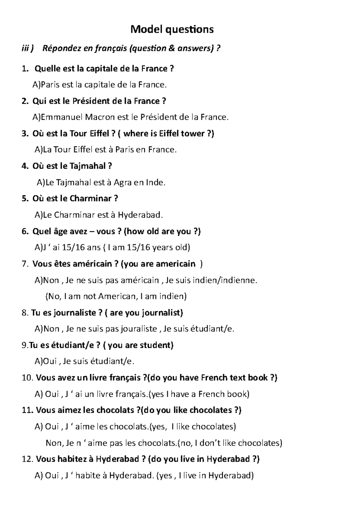 Model Questions for French Test (Répondez en français) - Studocu