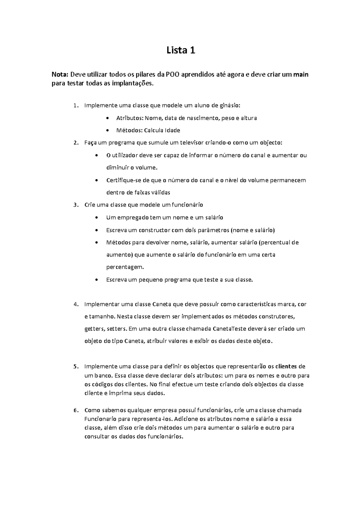 Lista 1 - Exercícios de POO em Java: Implementação de Classes e Testes ...