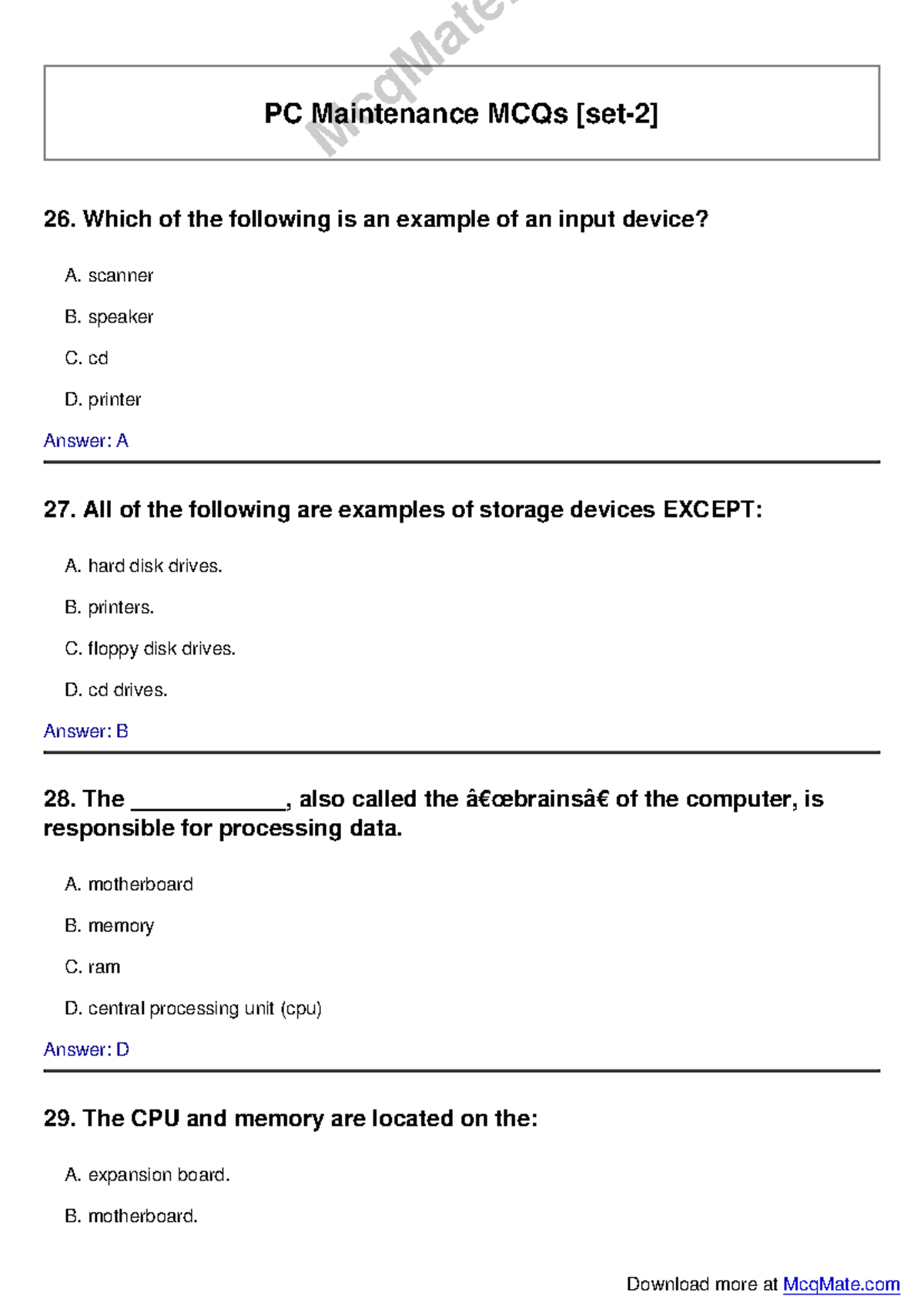 Pc-maintenance Solved MCQs [set-2] Mcq Mate - PC Maintenance MCQs [set-2] 26. Which of the ...