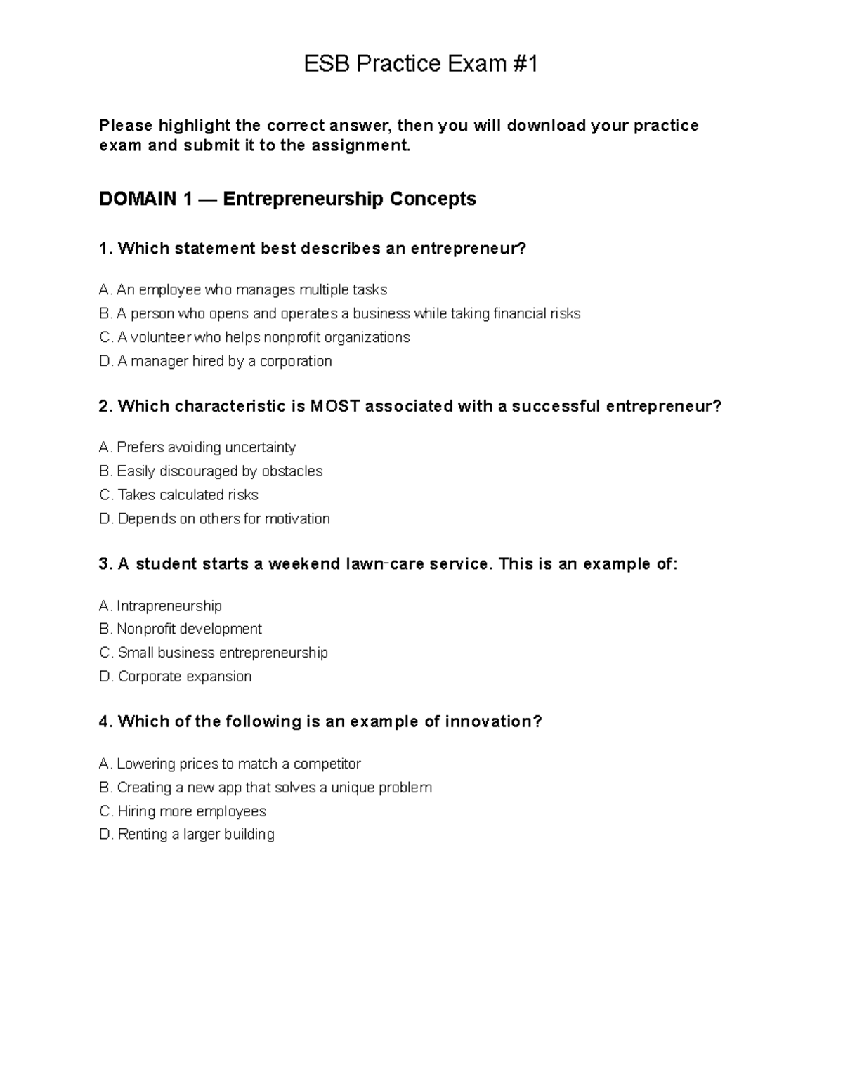 ESB Practice Exam #1: Entrepreneurship & Business Concepts - Studocu