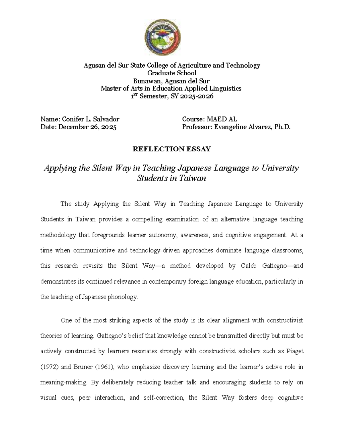MAED AL Reflection Essay: Applying the Silent Way in Teaching Japanese ...
