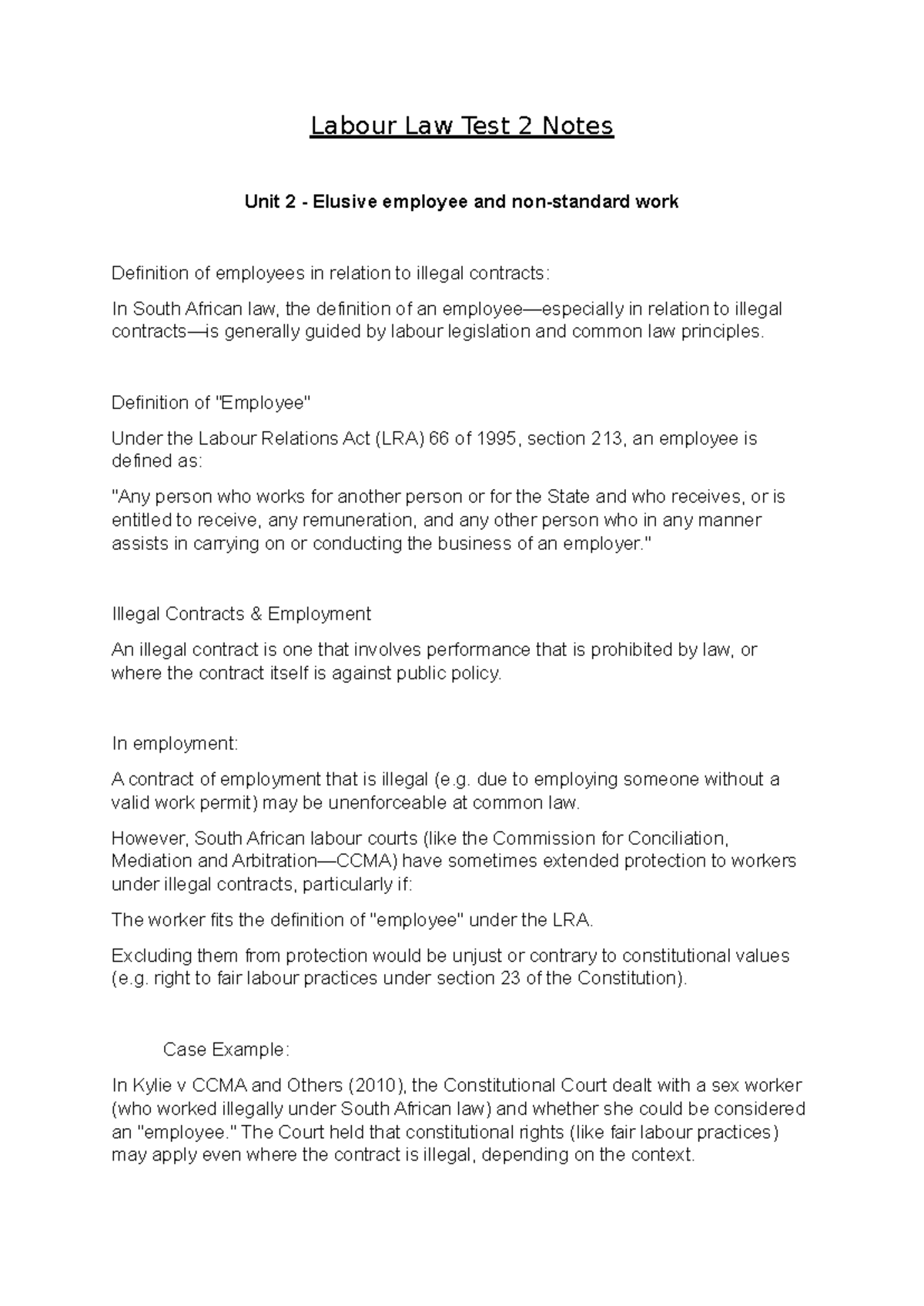 Labour Law Test 2 Notes: Understanding Employee Definitions & Illegal ...