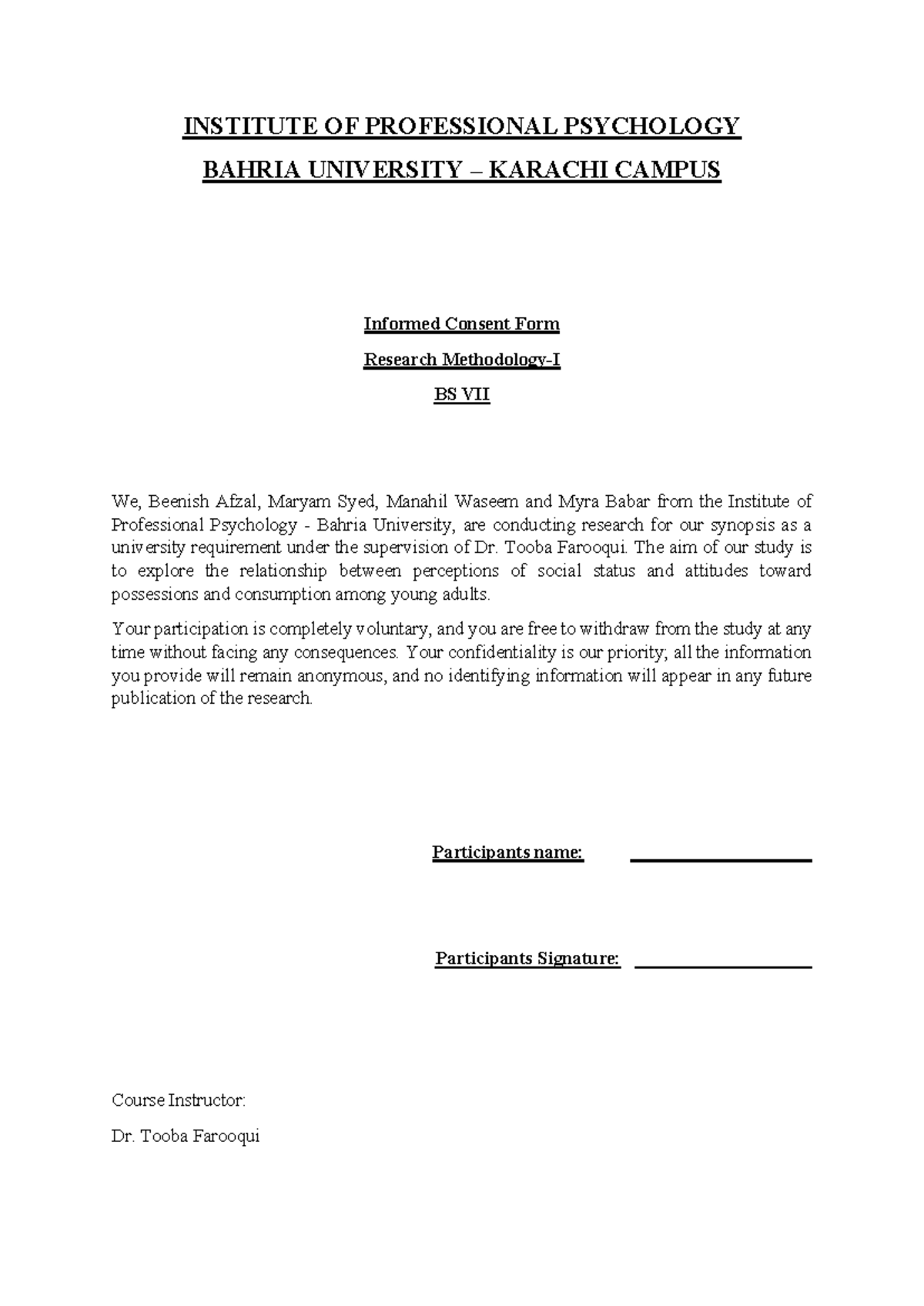 Informed Consent Form for Research - BS VII, Bahria University - Studocu