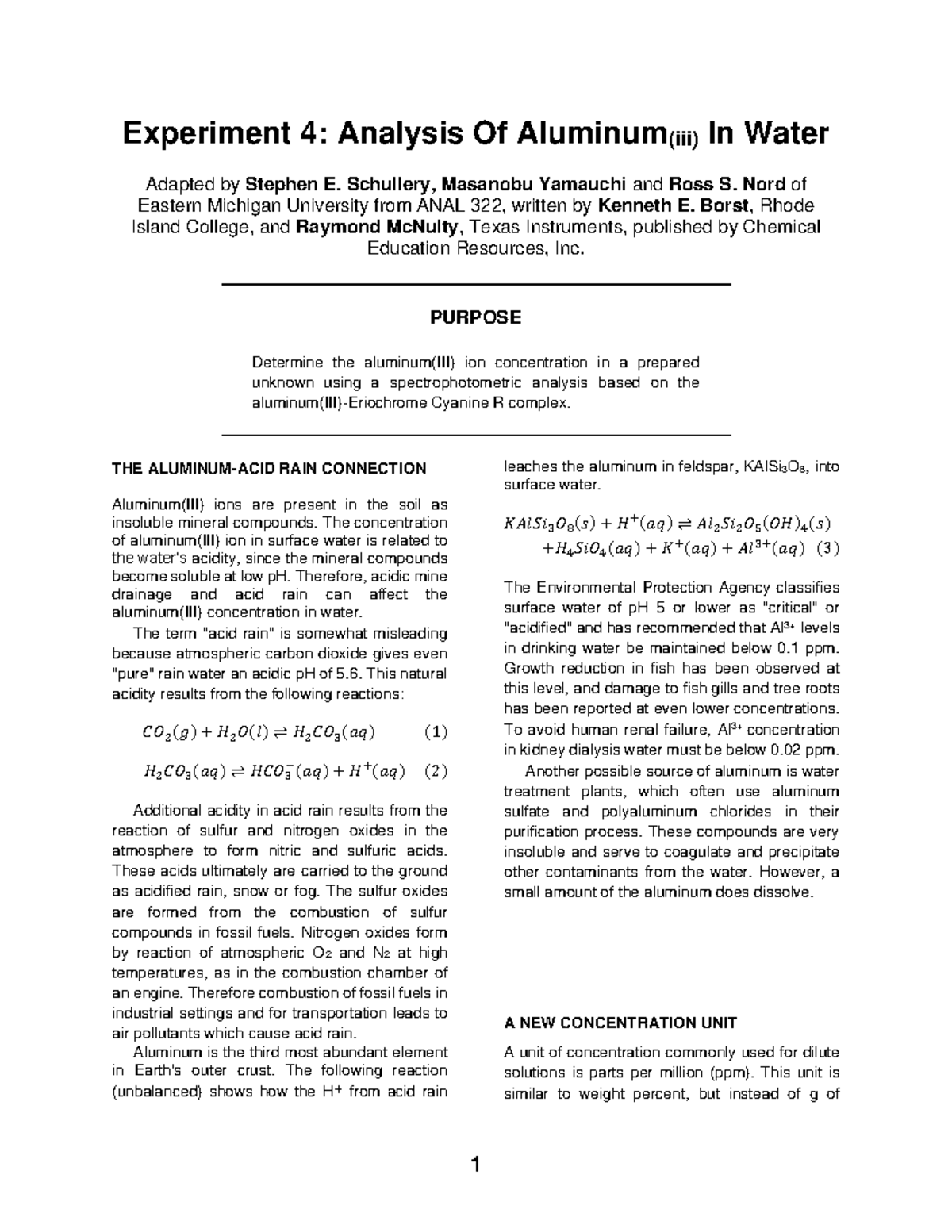 ANAL 322: Experiment 4 - Spectrophotometric Analysis of Aluminum in ...