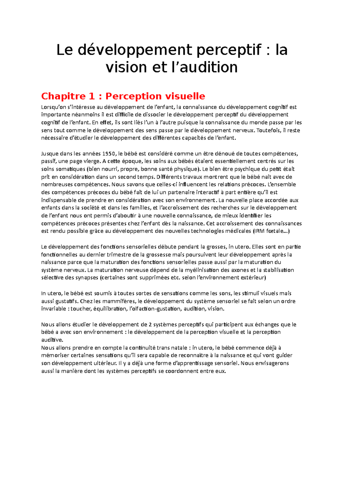 Psycho DU DEV (Menge-Topio) - Le développement perceptif : la vision et l’audition Chapitre 1 ...
