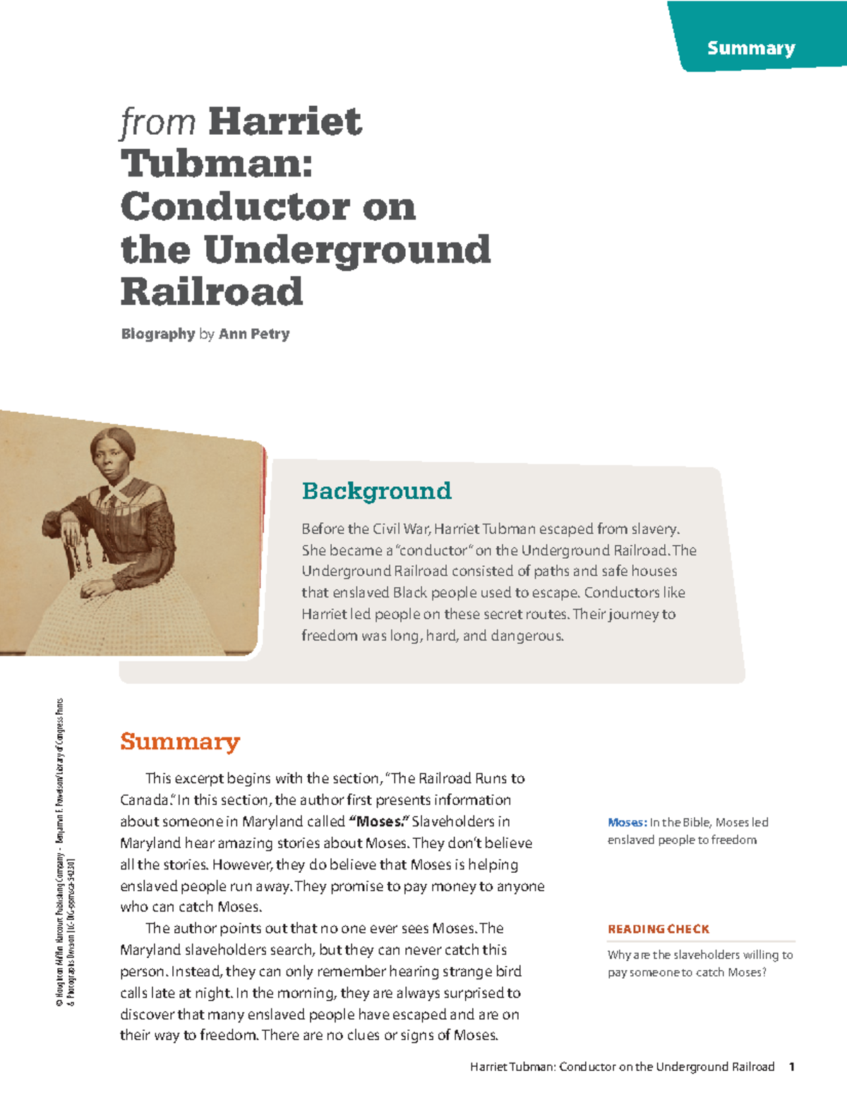 Harriet Tubman: Conductor on the Underground Railroad (HMH Summary ...