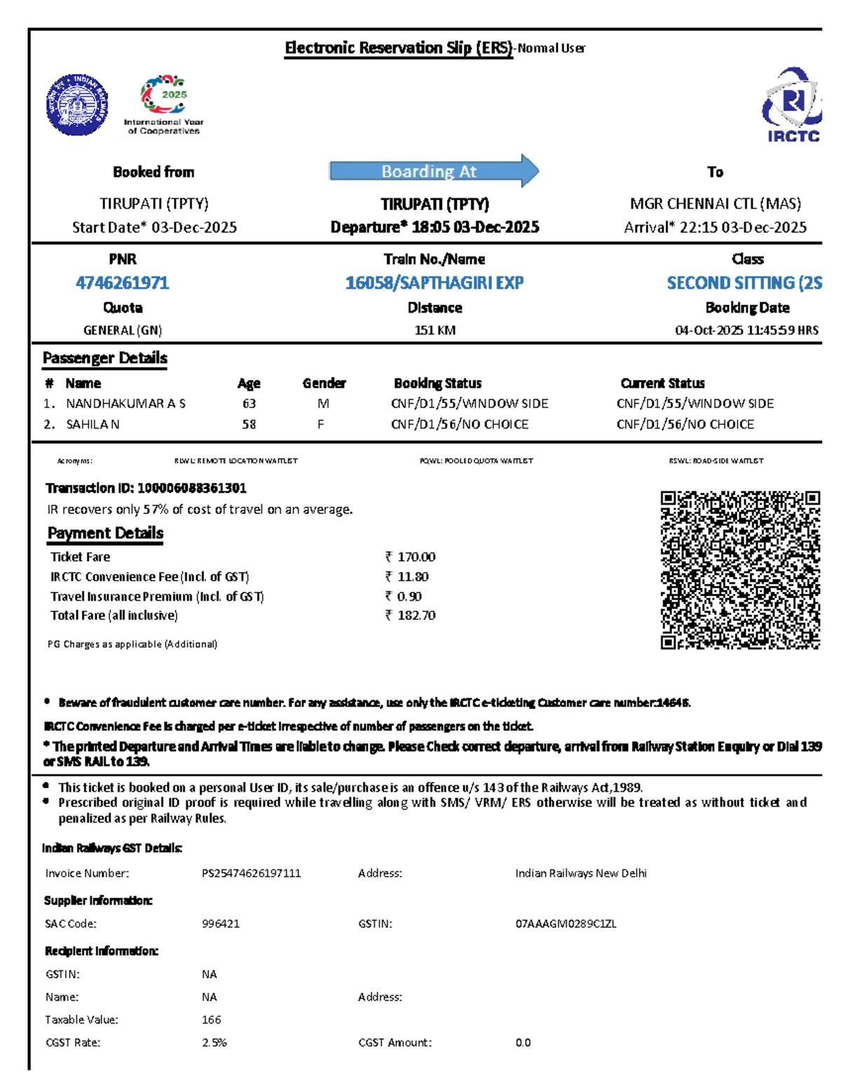 TIRUPATI (TPTY) Train Booking Confirmation - PNR 4746261971 - Studocu