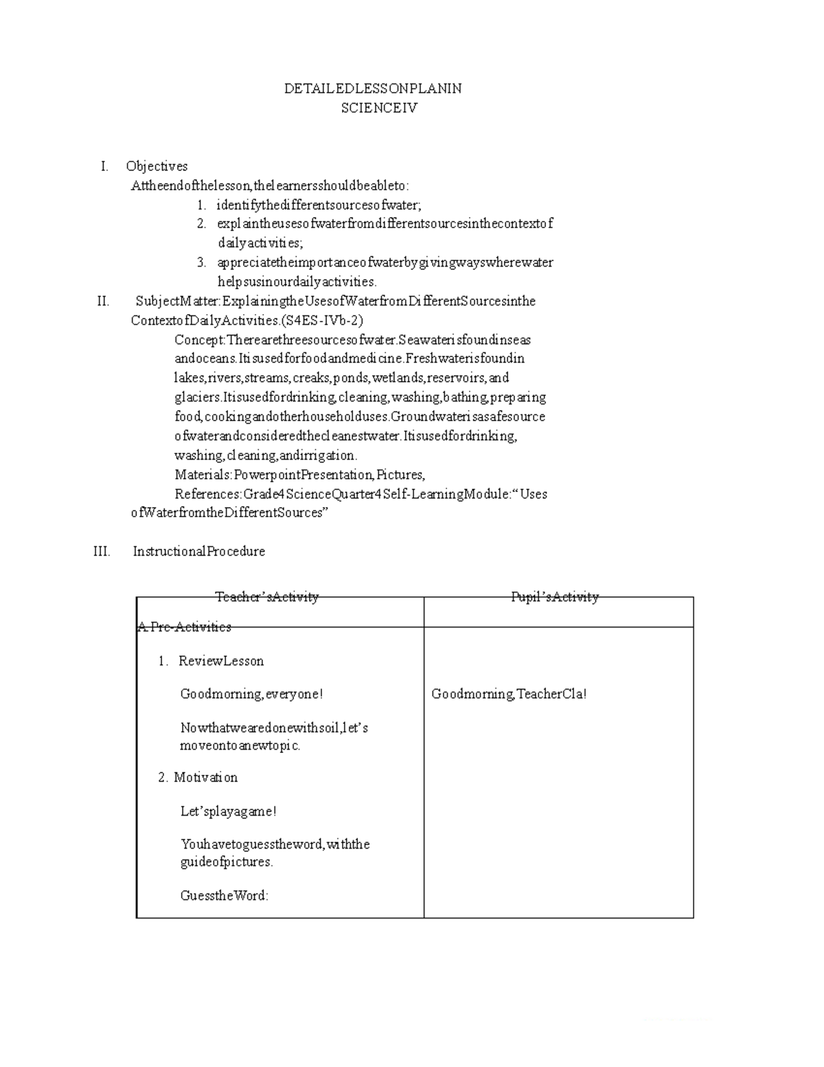 Detailed Lesson Plan in Science IV: Understanding Water Sources - Studocu