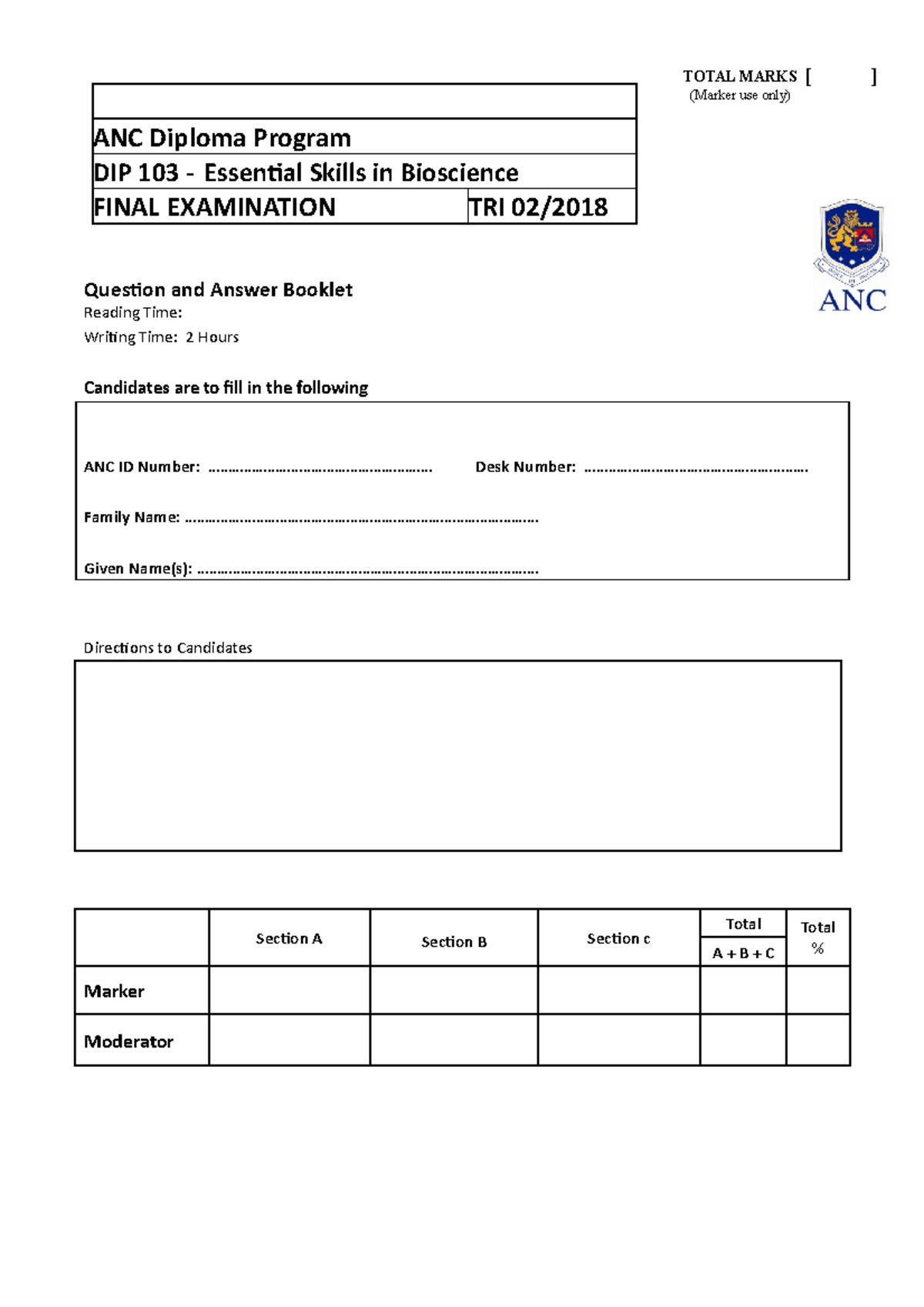 Final Exam - Question and Answer Booklet Reading Time: Writing Time: 2 ...
