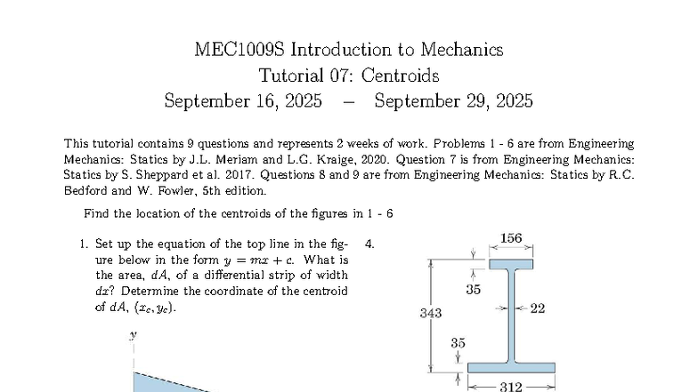 MEC1009S Tutorial 07: Centroids in Mechanics (Sept 2025) - Studocu