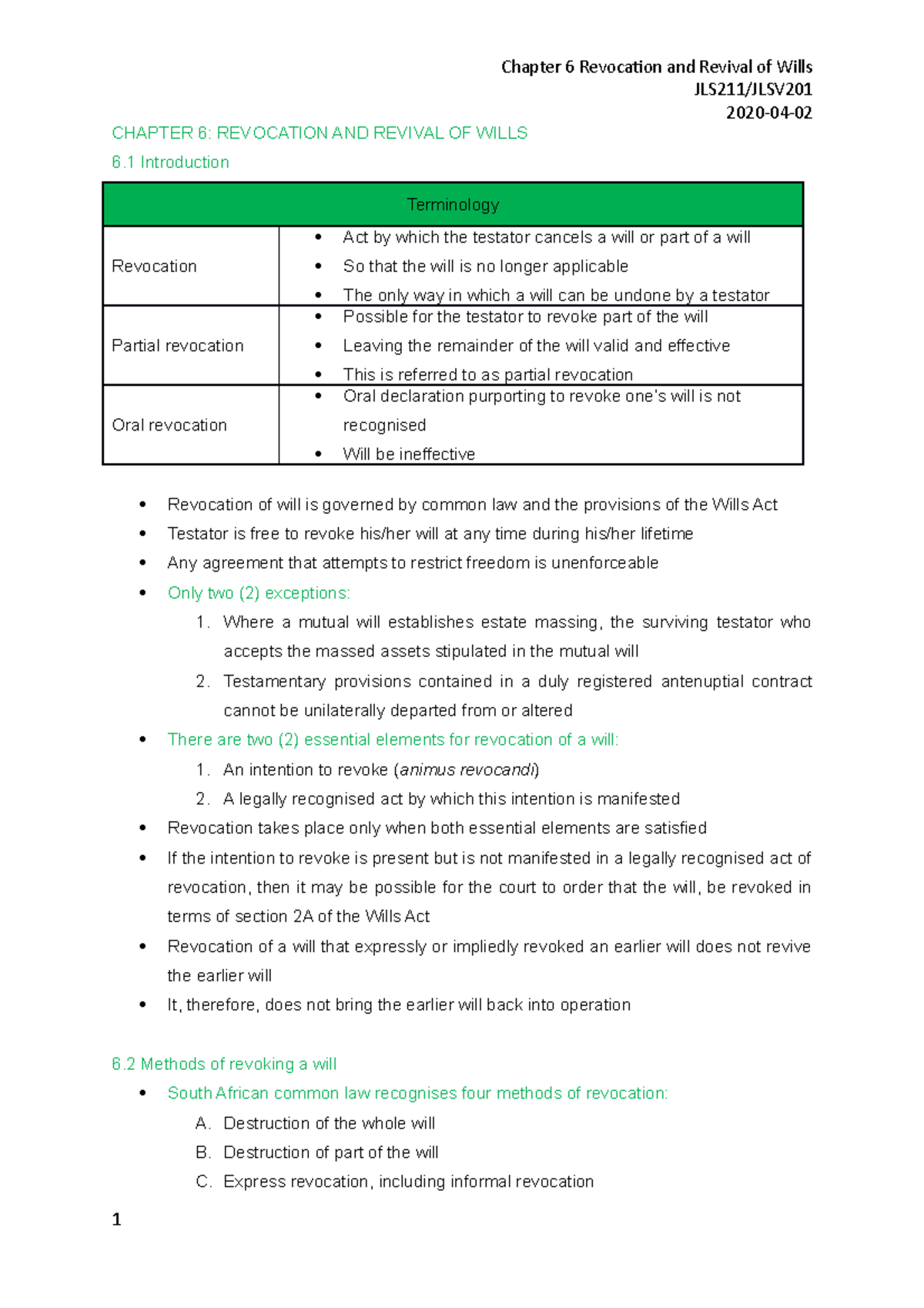 Chapter 6: Revocation & Revival of Wills Overview - JLS211/JLSV Summary ...