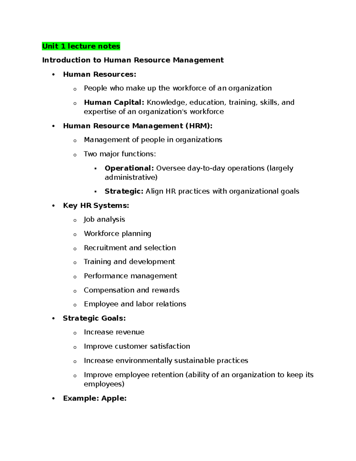 Unit 1-2 Lecture Notes: Introduction to Human Resource Management - Studocu