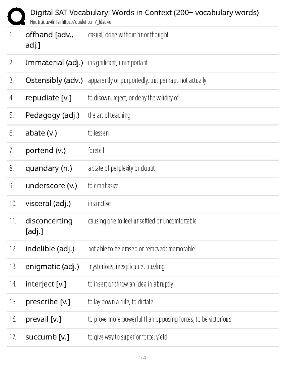 Digital SAT Vocabulary: Contextual Word List for Exam Prep - Studocu