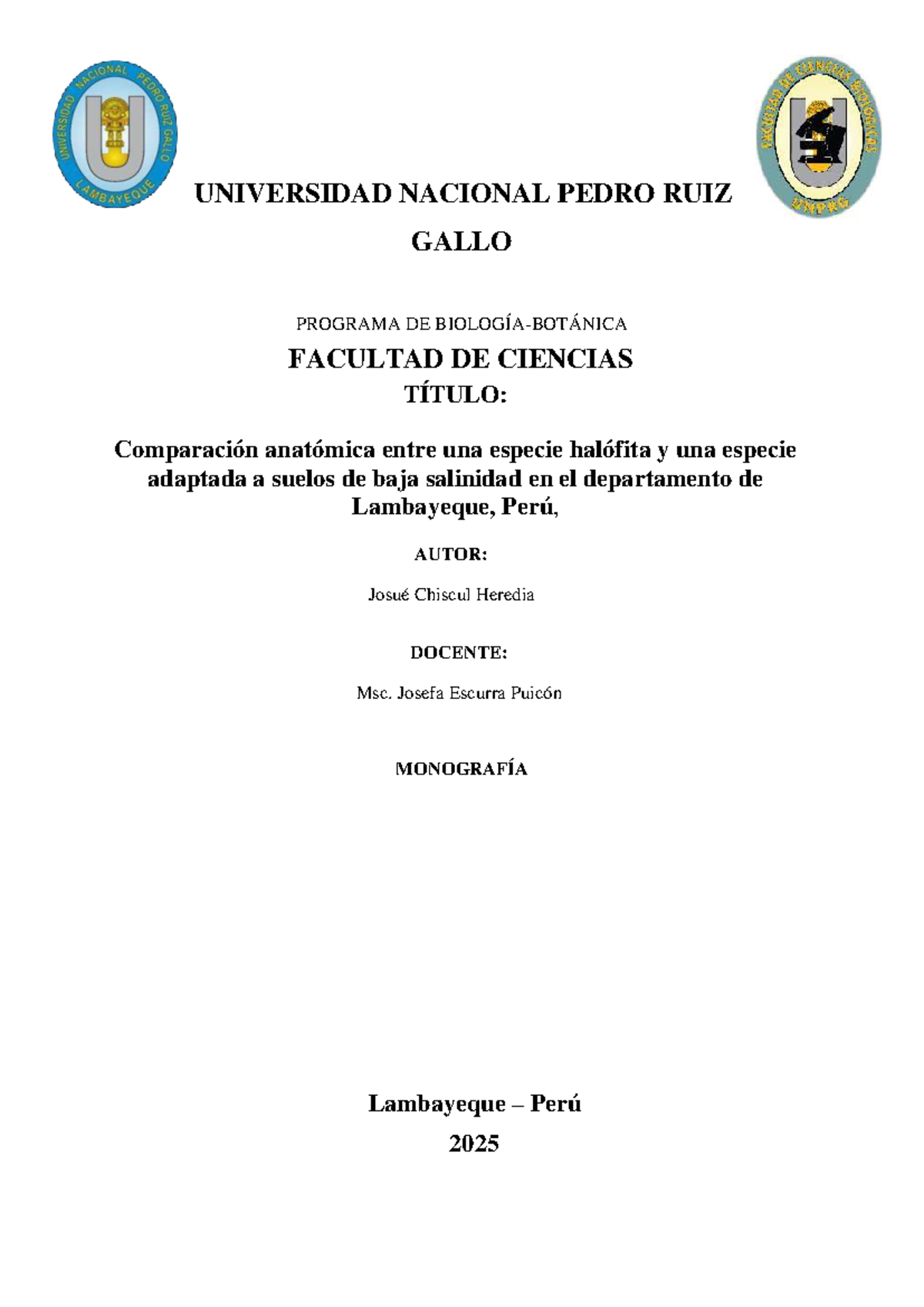 Monografía: Comparación Anatómica de Especies en Lambayeque (BIO-2025 ...