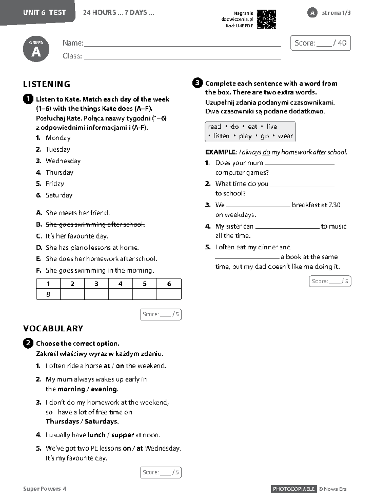 Super Powers 4 Unit 6 Test: Listening, Vocabulary, and Grammar - Studocu