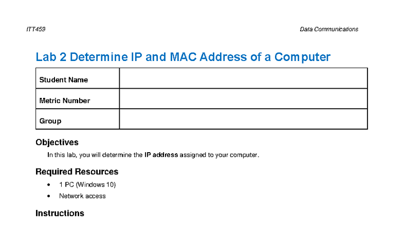 ITT459 Lab 2: Determine IP and MAC Address Configuration - Studocu