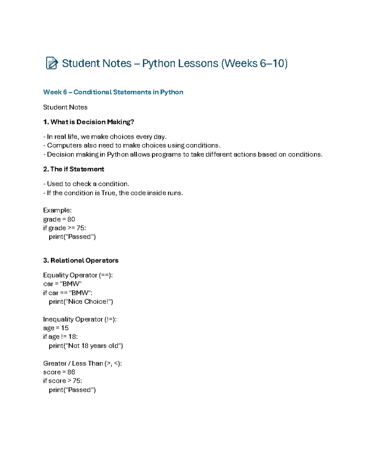 Prog3l-OOP Week 6-10 Student Notes: Python Lessons on Decision Making ...