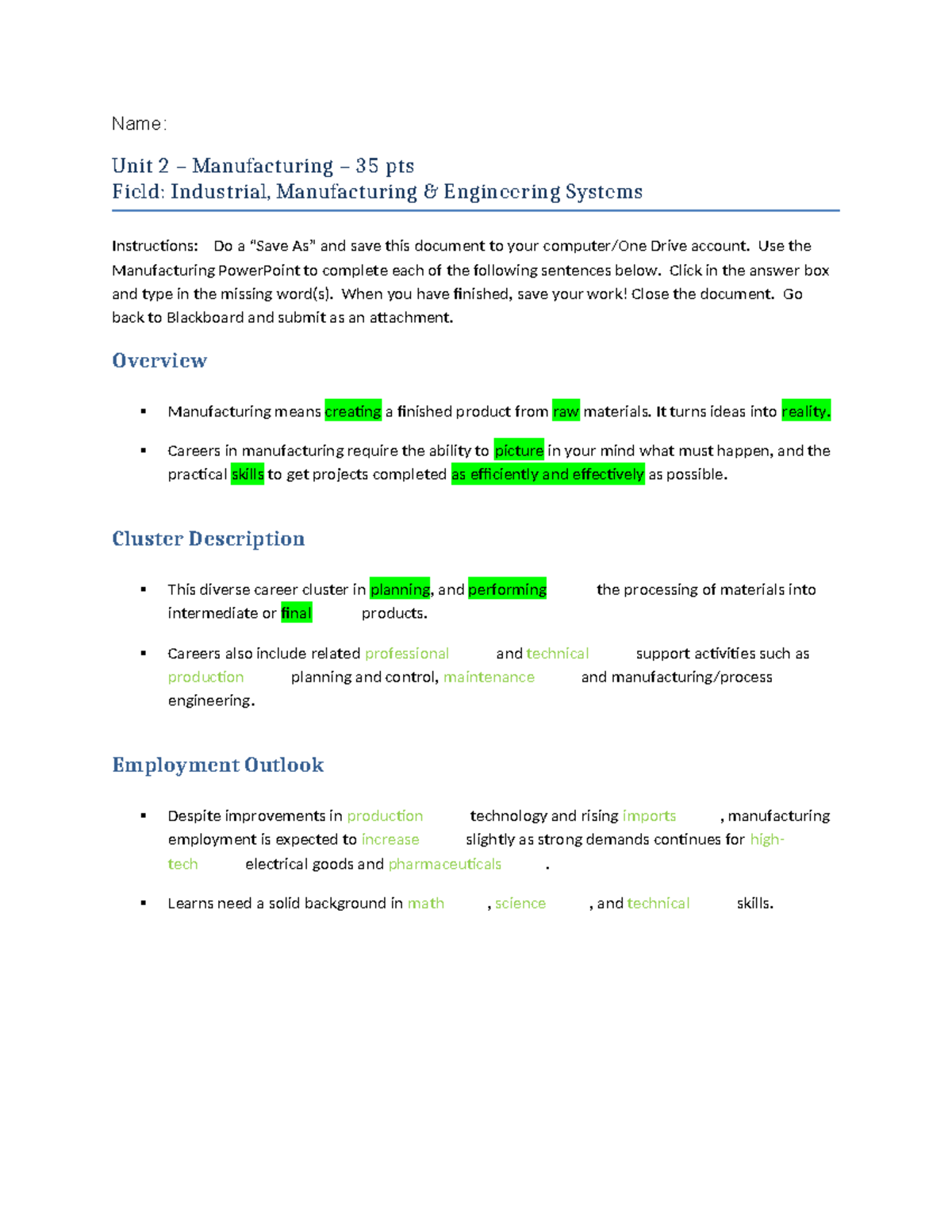 Unit 2 - Manufacturing Cluster Overview & Notes - 35 pts - Studocu
