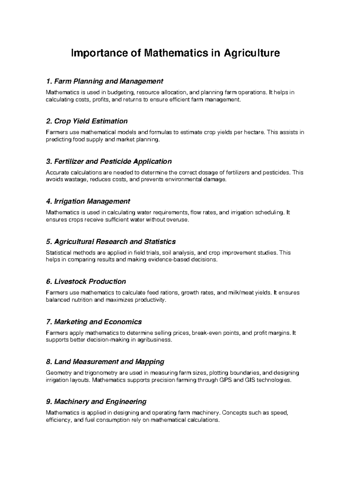 Importance of Mathematics in Agriculture: Applications in Farm ...