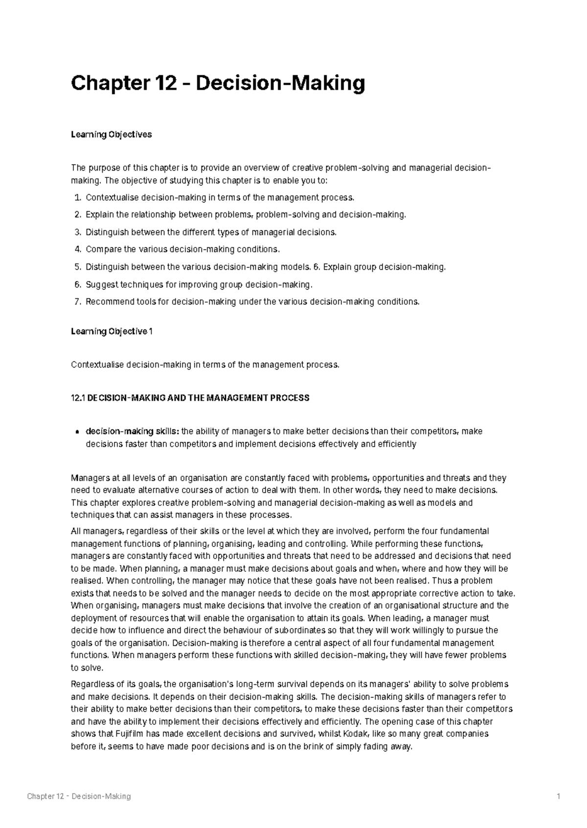 Chapter 12: Learning Objectives on Creative & Managerial Decision ...