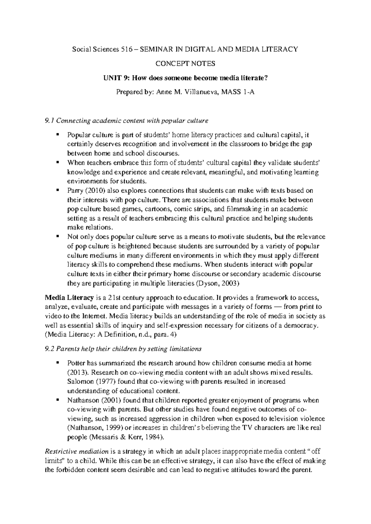 Media Literacy Notes- Villanueva - Social Sciences 516 – SEMINAR IN ...