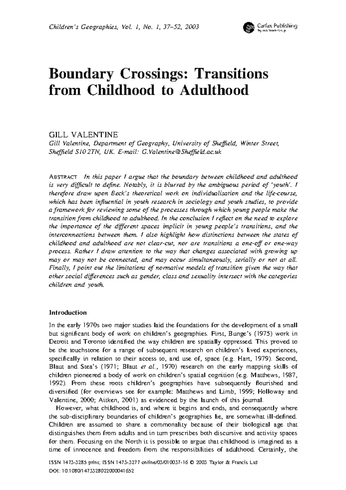 Boundary Crossings: Transitions from Childhood to Adulthood (GEO 101) - Studocu