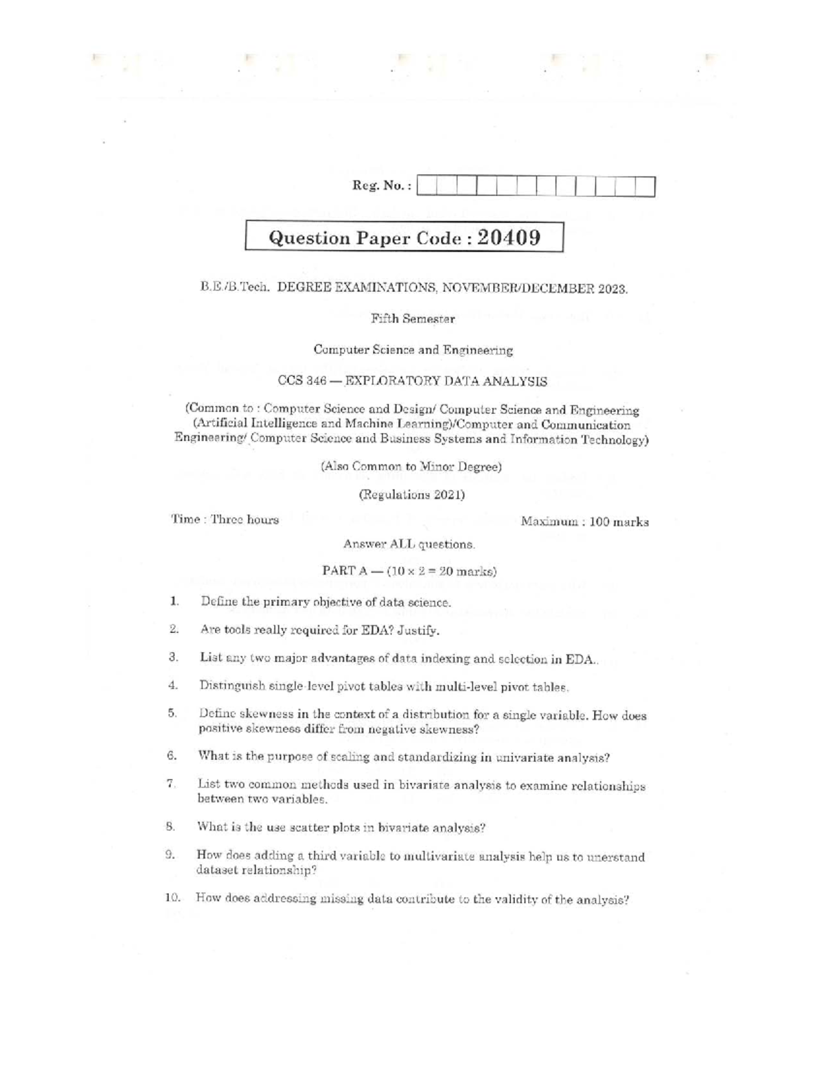 CCS346 - Exploratory Data Analysis Exam Questions and Strategies - Studocu