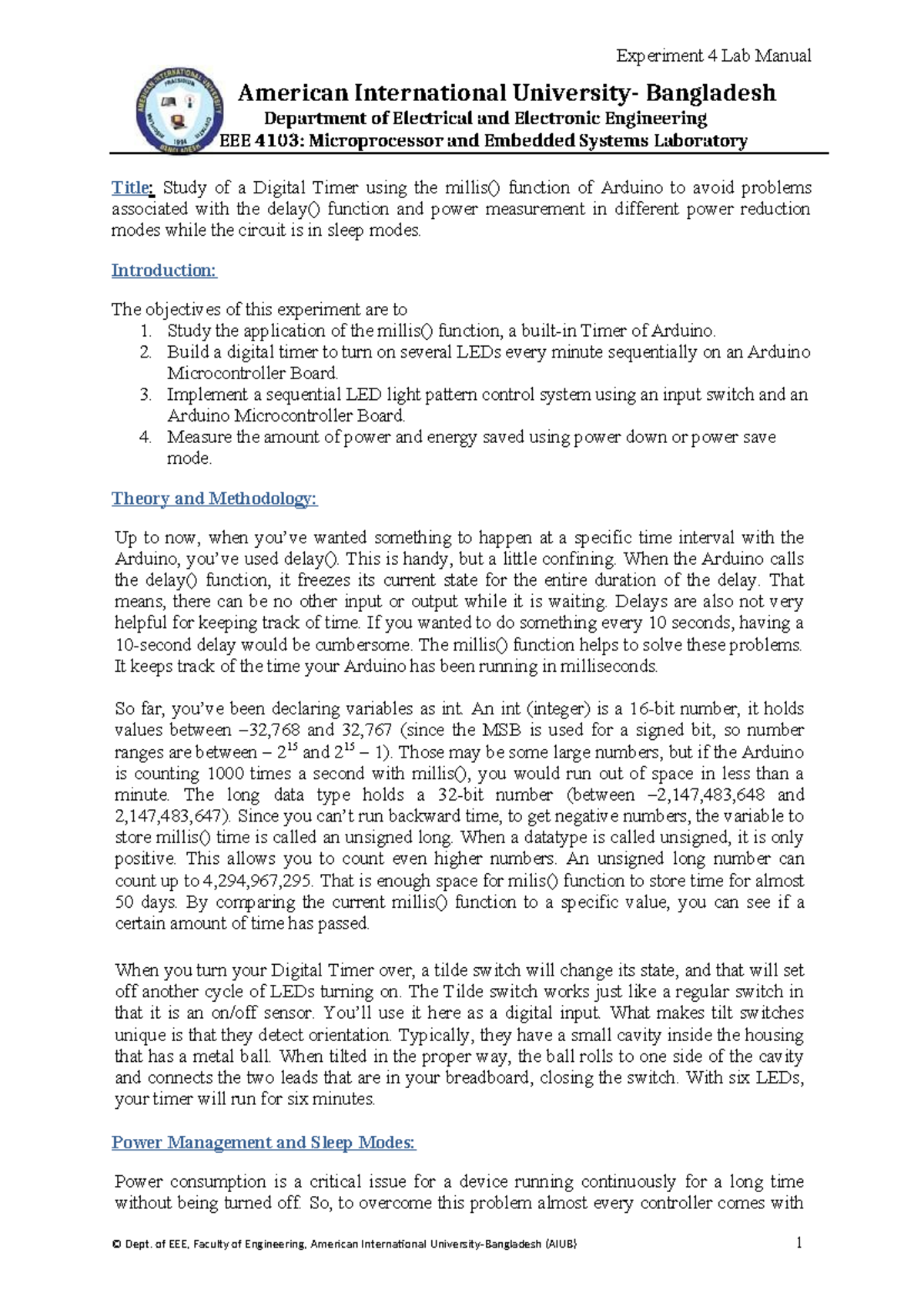 Lab Manual 4103: Experiment 4 - Digital Timer & Power Management with Arduino - Studocu