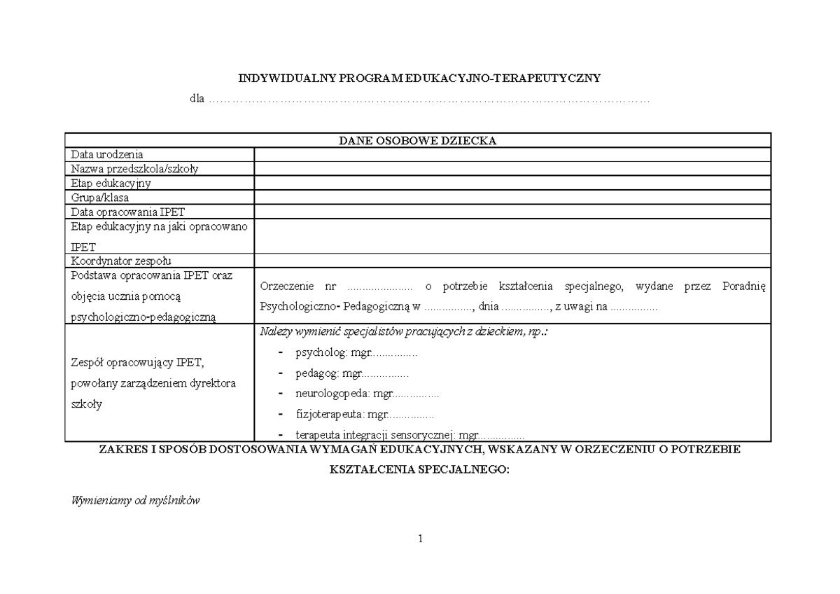 Indywidualny Program Edukacyjno-Terapeutyczny (IPET) z Komentarzami - Studocu
