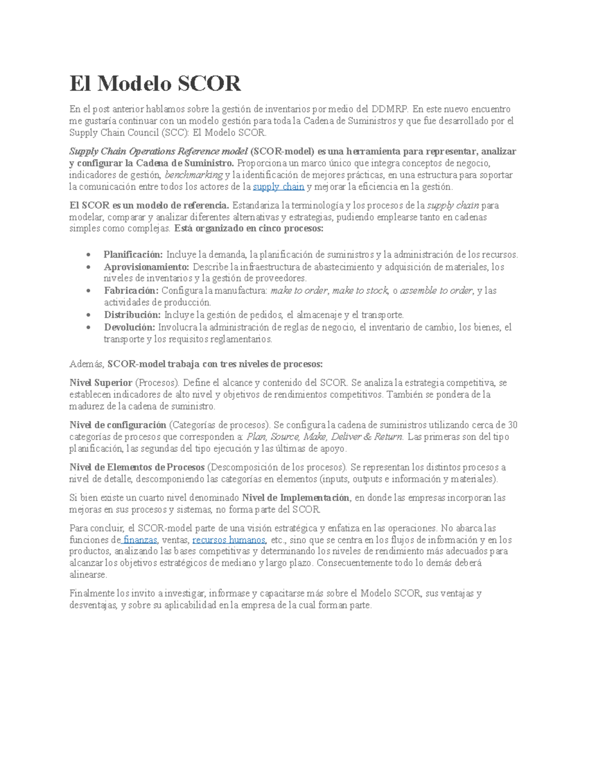 El-modelo-scor compress - El Modelo SCOR En el post anterior hablamos sobre la gestión de - Studocu
