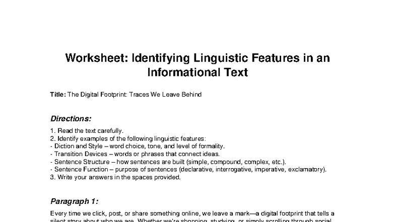 Linguistic Features Worksheet: Analyzing "The Digital Footprint" - Studocu