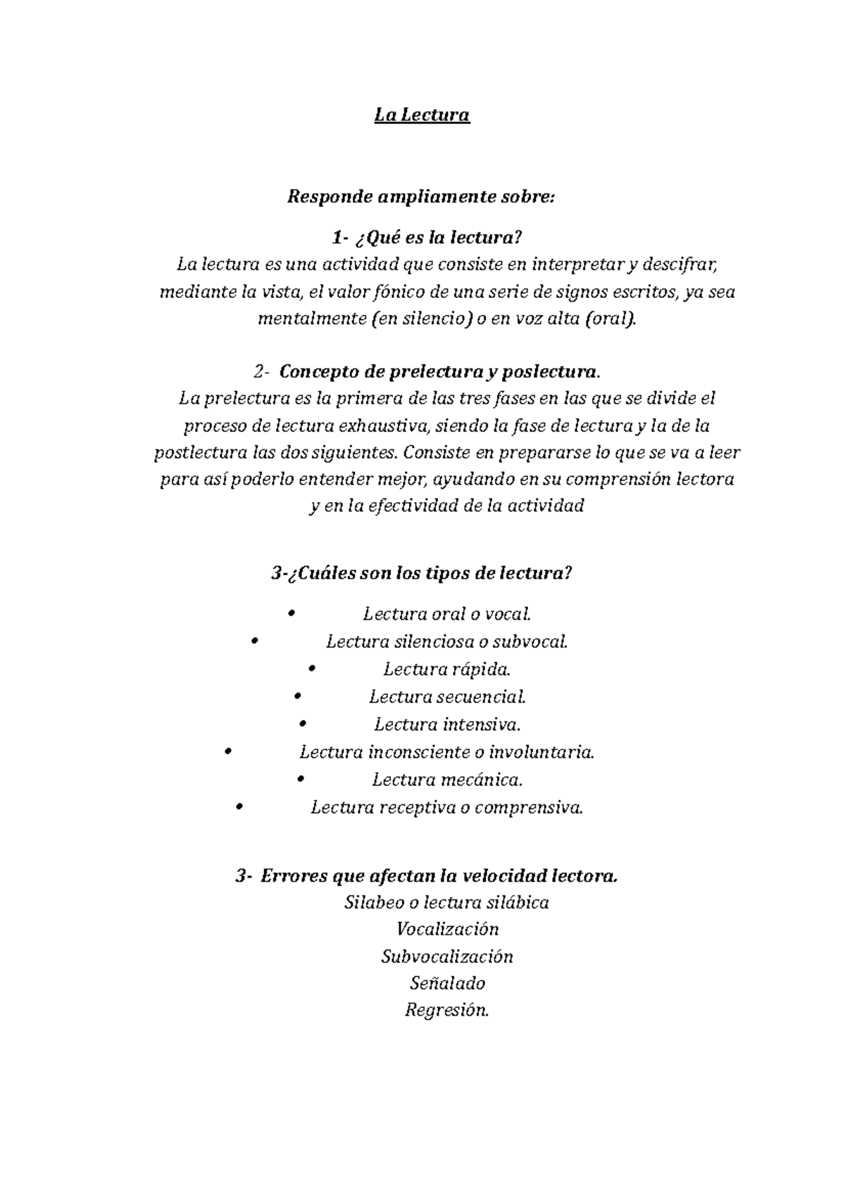 Guía de Preguntas sobre La Lectura: Conceptos y Tipos de Lectura - Studocu